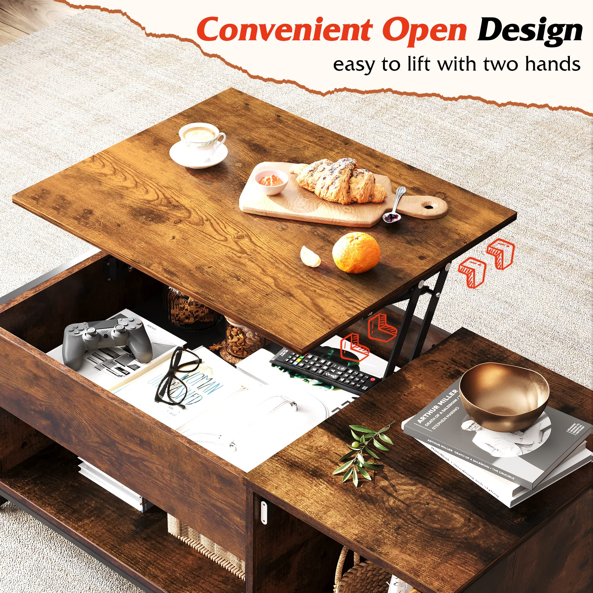 WLIVE Lift Top Coffee Table with Storage Cabinet, 41.7" Wood Coffee Table for Living Room, Retro Center Table with Lifting Top, Hidden Compartment and Open Shelf for Home, Office, Rustic Brown