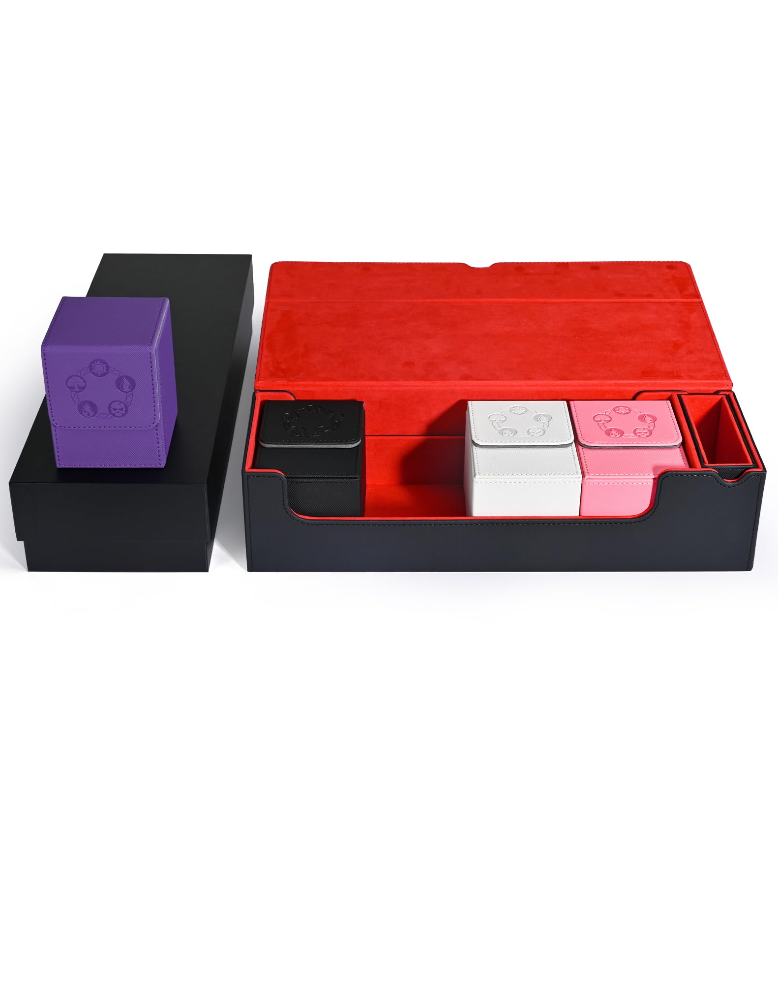 ZLCA Card Deck Box 5 In 1, Include 1600+ Premium Trading Card Storage Box with Dice Tray, and 4 PCS Card Deck Case for MTG, TCG, Sports Cards, Card Gaming Accessories Present Set (Black & Red Set)