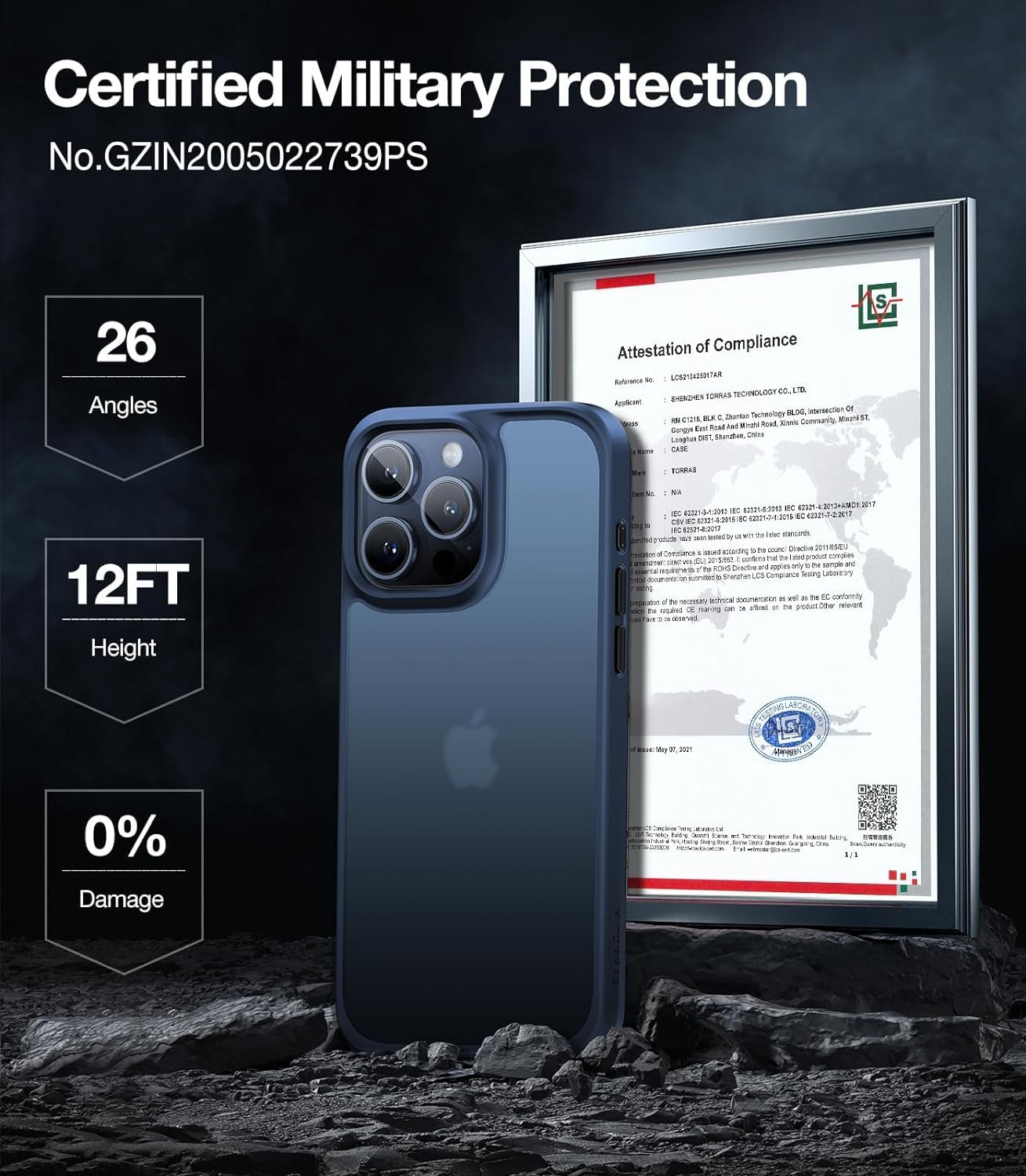 TORRAS Shockproof Compatible for iPhone 12 Case for iPhone 12 Pro Case, [Military Grade Drop Tested] Translucent Matte Hard PC Back with Soft Silicone Edge Slim Protective Guardian, Blue