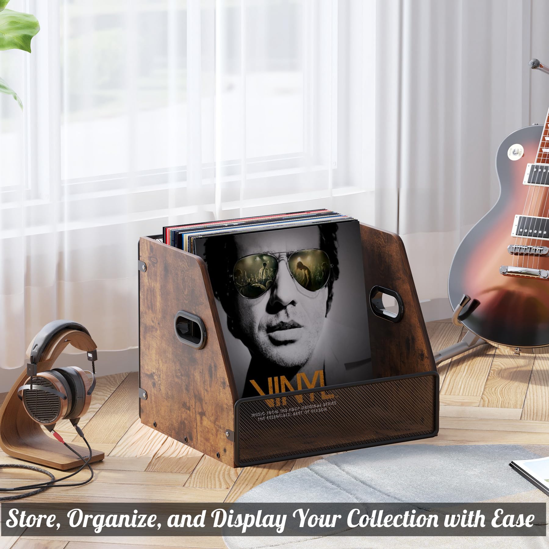 VonDream Vinyl Record Storage, Vinyl Record Box Case Crate, Vinyl Record Album Holder, Desktop Metal & Wooden LP Record Crate, Holds up to 60 Records