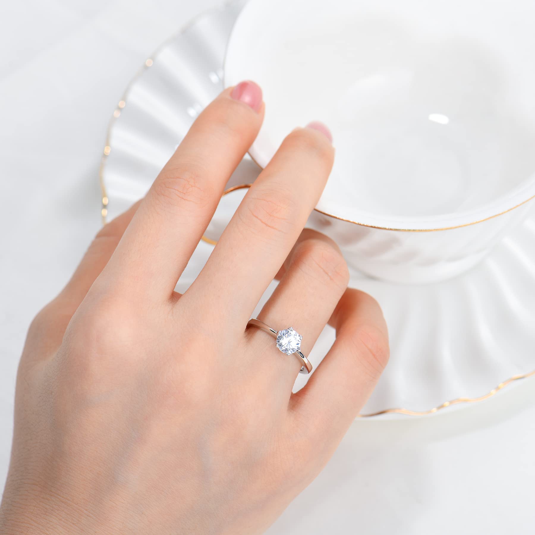 YL Solitaire Engagement Rings 925 Sterling Silver 18K White Gold Plated Round 6mm Cubic Zirconia Wedding Jewelry for Women-size6