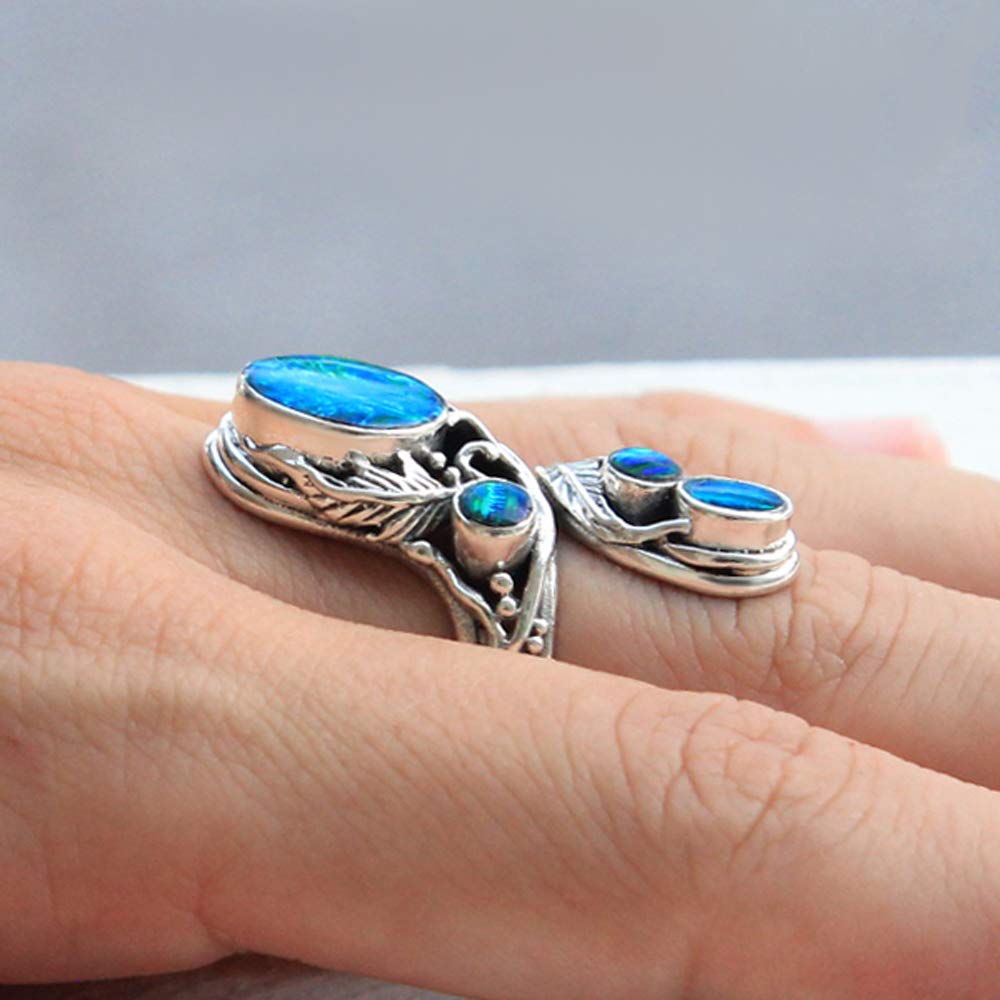 VY JEWELRY Blue Opal 925 Sterling Silver Women Ring - Free Size - Made in Thailand