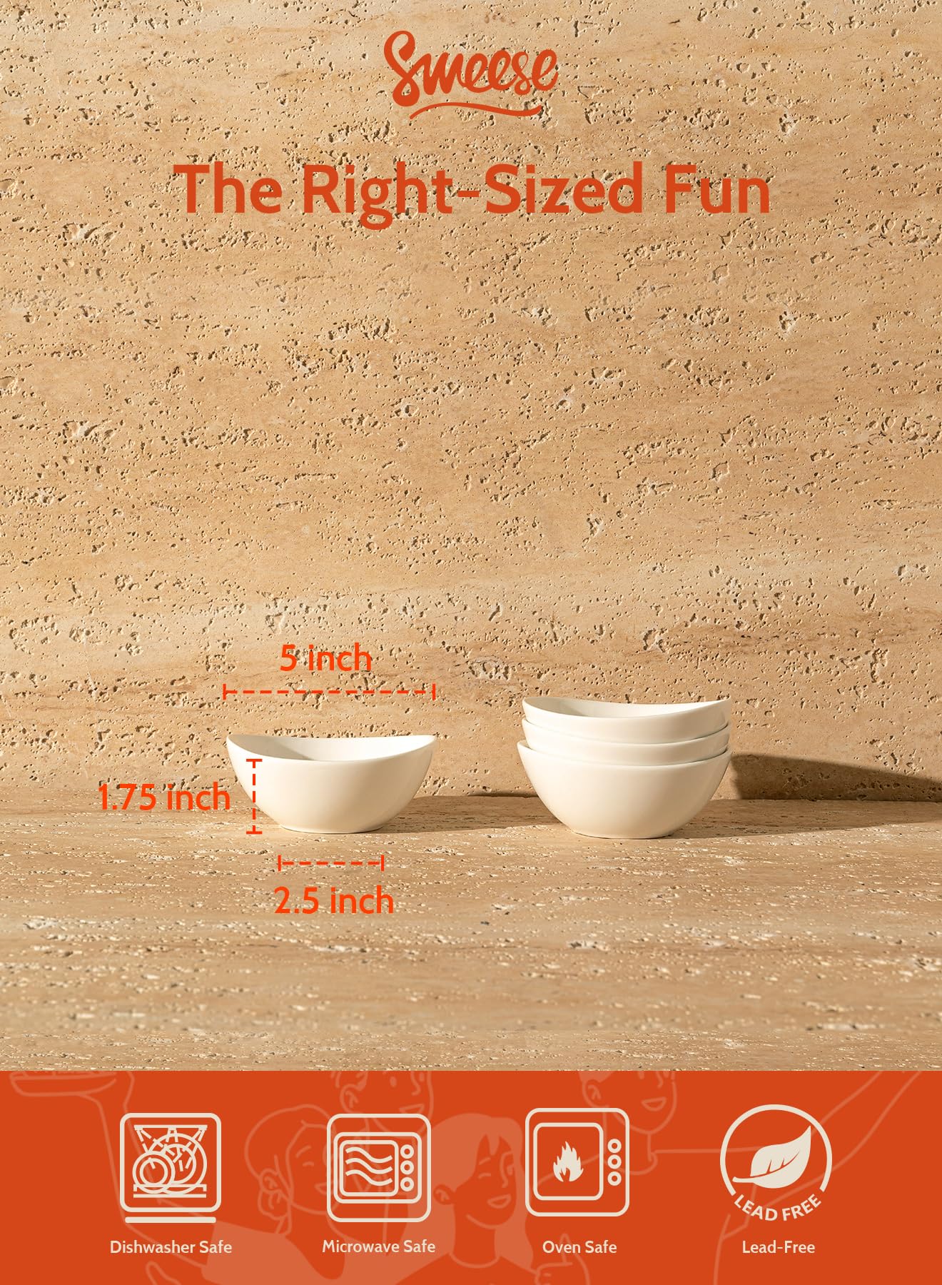 Sweese 28 oz Porcelain Bowls Set of 4 - for Salad, Pasta, Cereal - Microwave, Dishwasher and Oven Safe - White - 103.401
