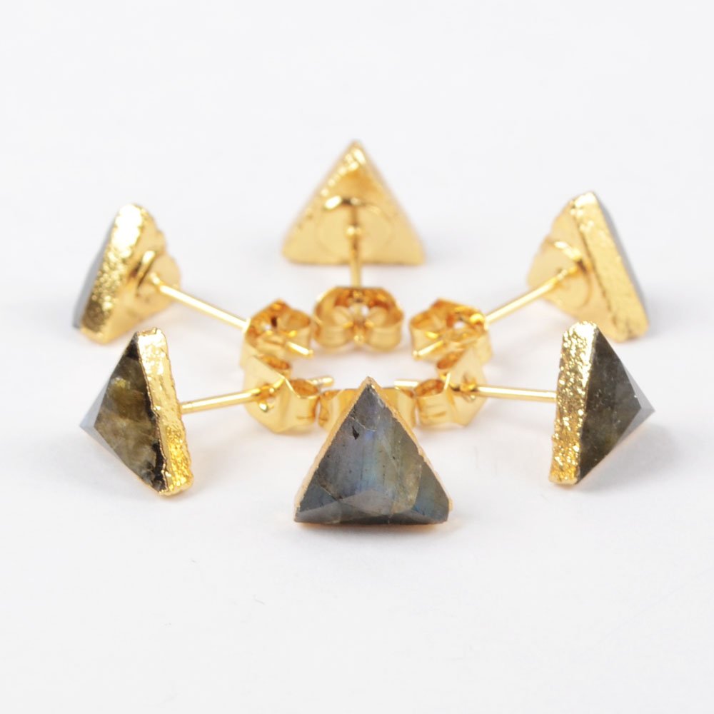 ZENGORI 1 Pair 8mm Triangle Gold Plated Natural Labradorite Stones Faceted Post Stud Earrings G1300