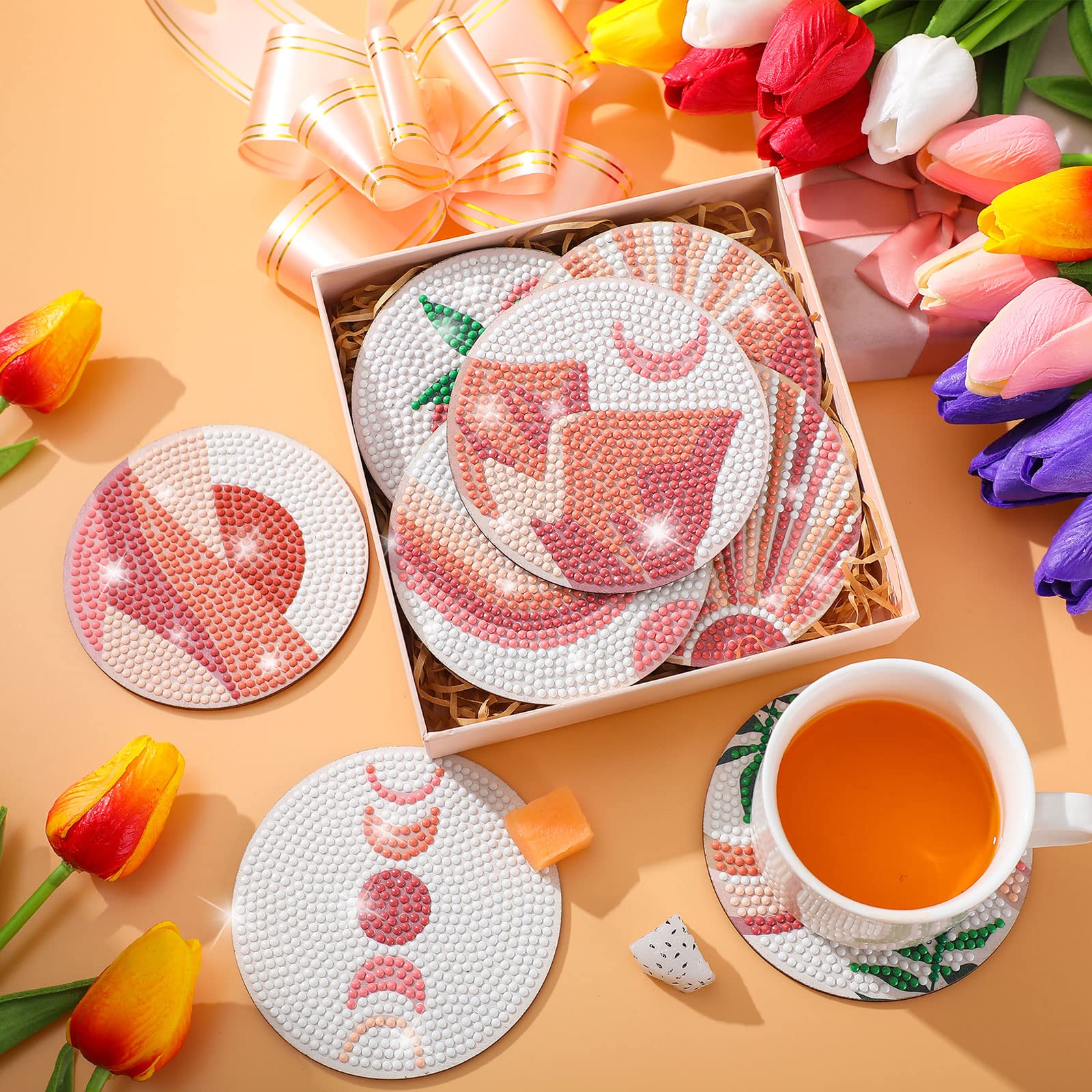 Vesici 8 Pcs Diamond Art Coasters with Holder Cat Shaped DIY Diamond Art Coasters Diamond Art Kits Diamond Crafts Coasters for Adults Kids Beginner Gift Supplies (Boho)
