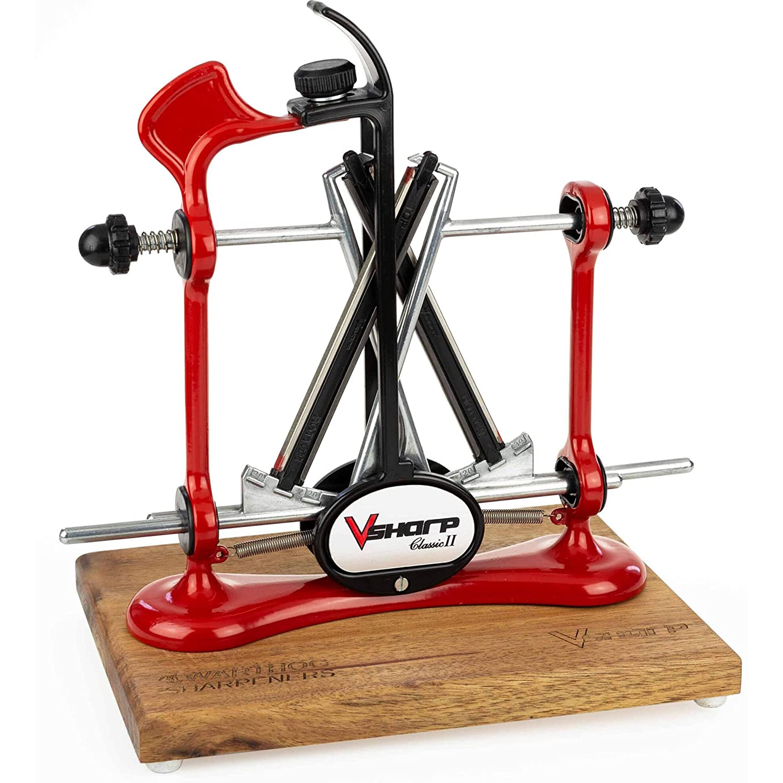 Warthog V-Sharp Elite Knife Sharpeners with Deluxe Wooden Base, 325 Grit Diamond Rods with Adjustable Angles, Professional Knife Sharpener System, Metal Frame Construction, Red