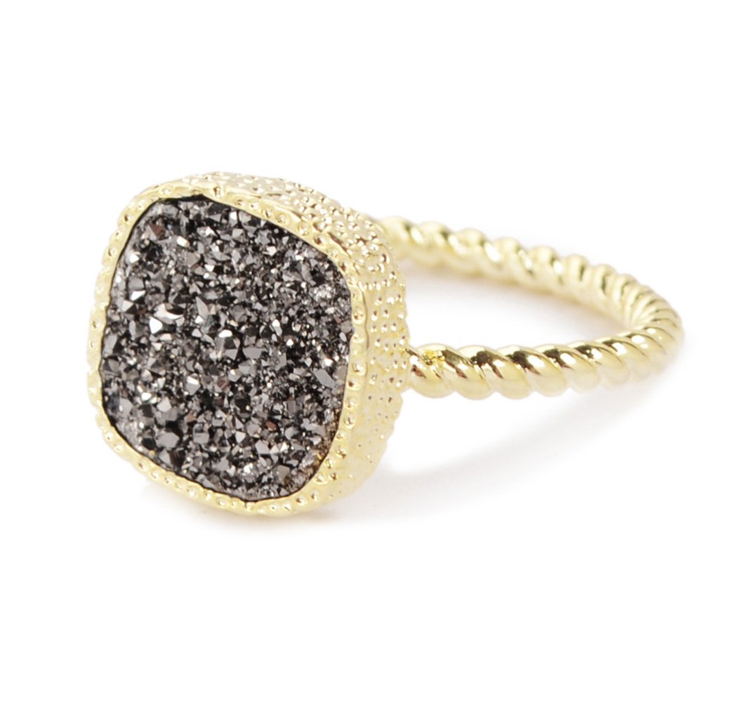 ZENGORI 12mm Gold Plated Square Silver Natural Agate Titanium Druzy Ring for Women Size 6 ZG058-2D