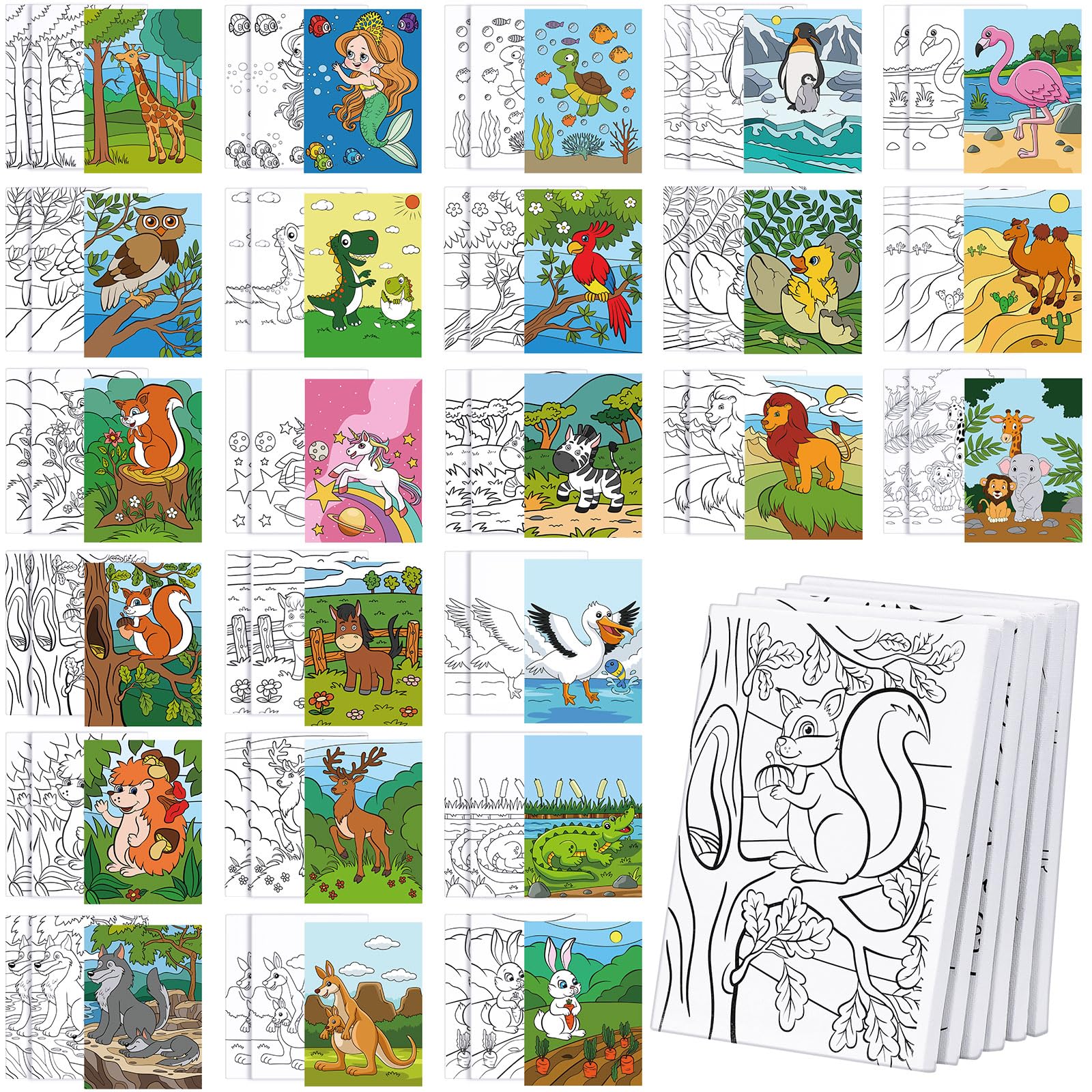 Thenshop 48 Pcs Animal Pre Drawn Canvas 5 x 7 Inch Painting Art Set Pre Stenciled Art Show Display Panels Outline Painting Canvas Bulk for Home School Kids Adults Beginners Student Party Gifts
