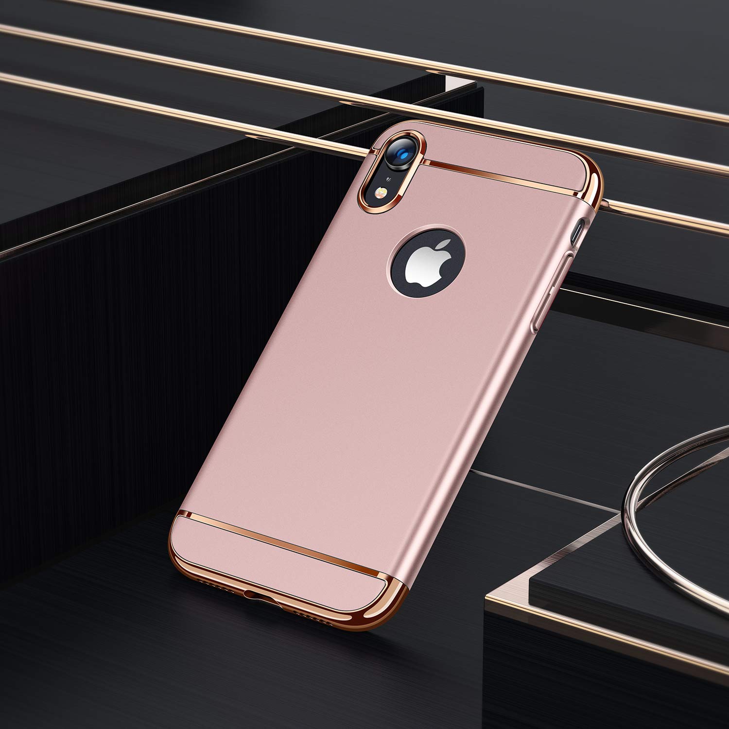 TORRAS Lock Series Designed for iPhone XR Case, 3-in-1 Luxury Hybrid Hard Plastic with Gold Trim Matte Finish Slim Thin Phone Case, Rose Gold