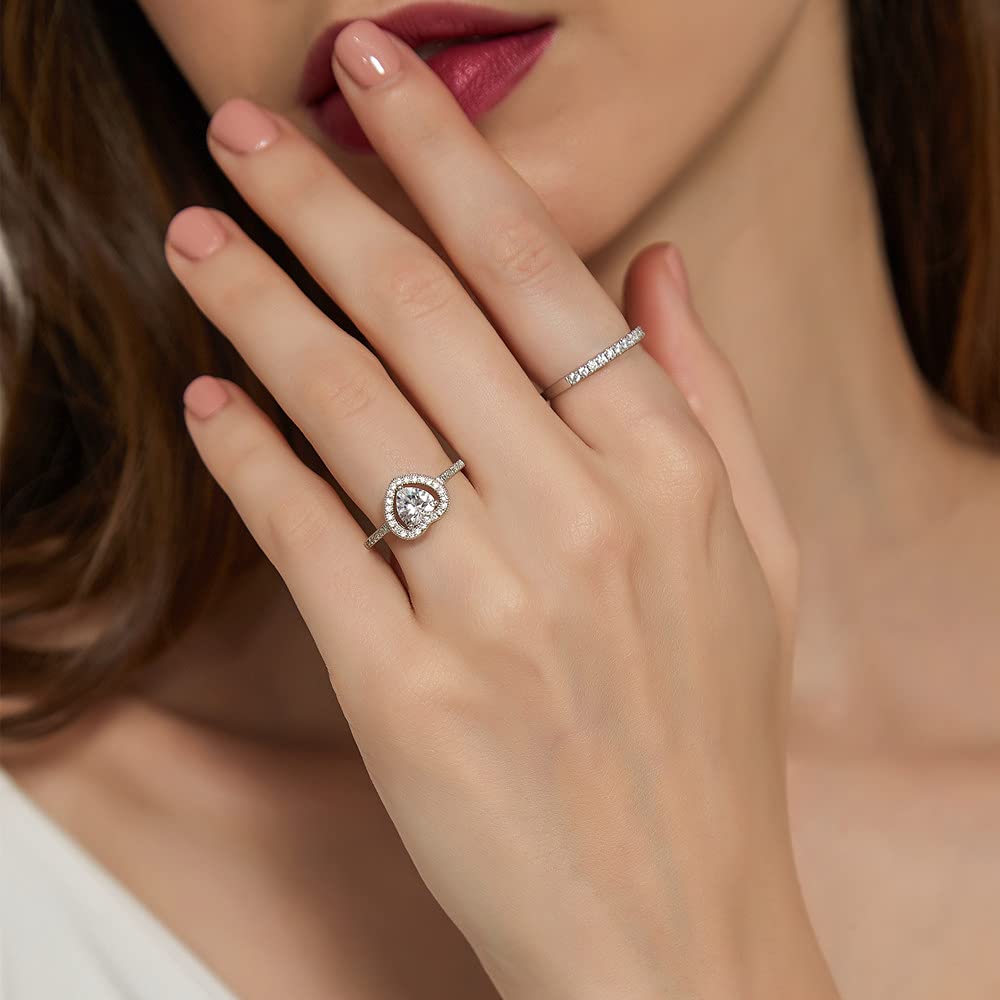 Women's 925 Sterling Silver Ring, Heart Promise Engagement Ring, Halo Cubic Zirconia Wedding Band, Size 8.5