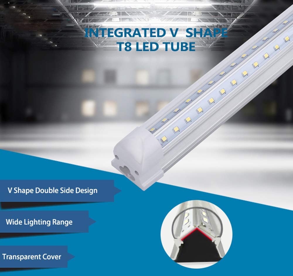 TRLIFE 8FT LED Light Fixtures 72W, 8FT LED Shop Light 5000K Daylight White Dual Side T8 V-Shape Integrated 8 Foot LED Tube Lights(150W Fluorescent Light Equivalent), 8640Lm, Clear Cover (6 Pack)