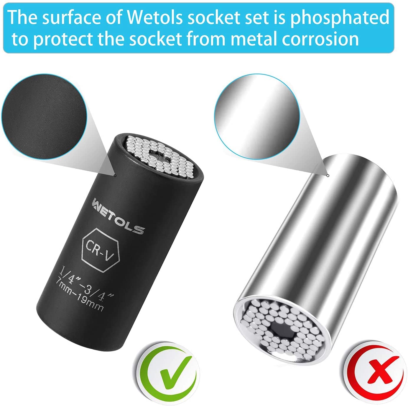 WETOLS Universal Socket, Grip Socket Set Fits Standard 1/4'' - 3/4'' Metric 7mm-19mm, with Multi-Function Power Drill Adapter, for Men Father Dad Husband, WE-883