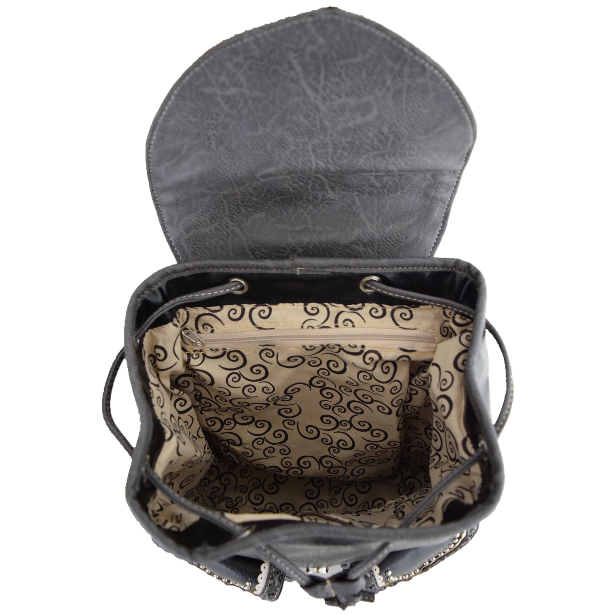 Western Style Tooled Buckle Floral Women Country Backpack School Bag Rucksack Daypack Biker Purse Matching Wallet Set (Black Set)