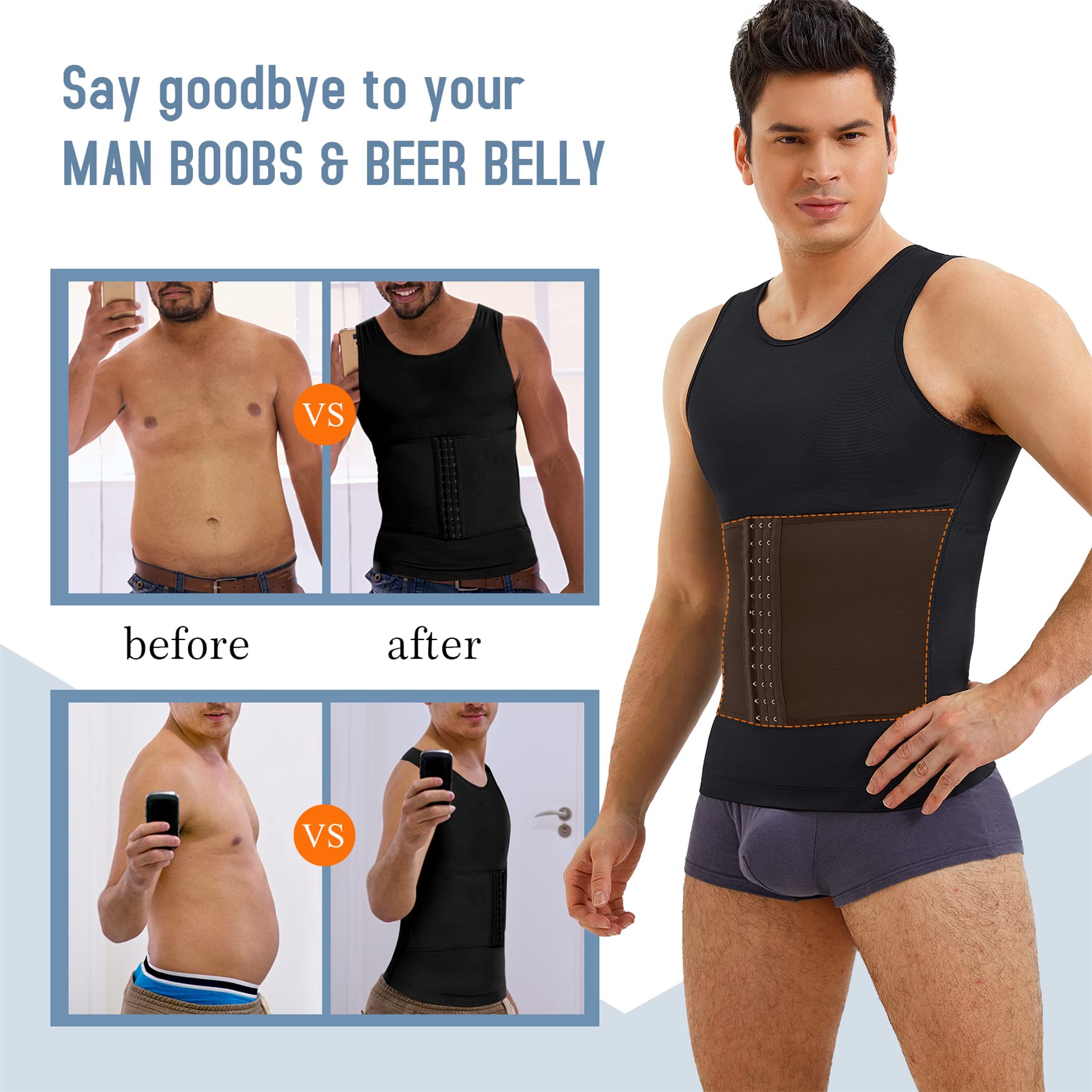 TAILONG Mens Compression Shirt Undershirt Abdomen Slimming Body Shaper Vest Workout Tank Top Tummy Control Shapewear (Black, X-Large)