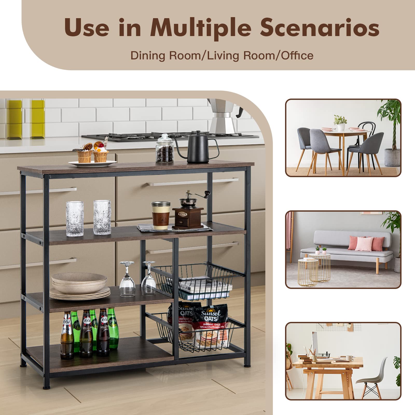 Tangkula 4-Tier Kitchen Baker's Rack, Industrial Microwave Oven Stand with Sliding Wire Basket, Water-Proof Surface, Utility Storage Shelf Organizer, Coffee Bar Cart for Living Room, Pantry
