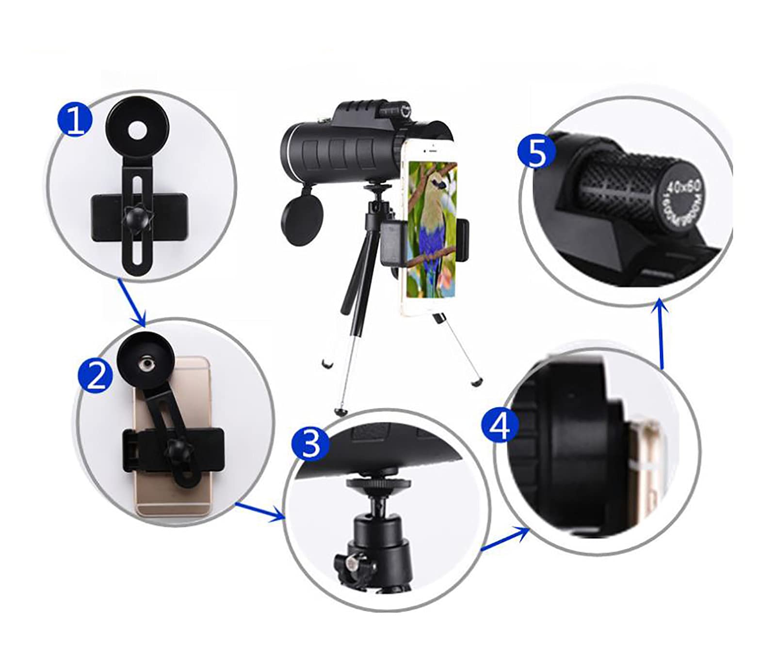 Telescope 40X60 High Performance HD Monocular with Smartphone Holder and Tripod Waterproof Monocular with Durable and Clear FMC BAK4 Prism Dual Focus