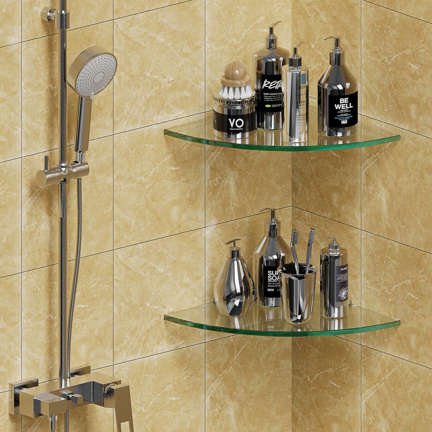 Vingkool 2-Tier Glass Shelf Corner Shower Caddies, Bathroom Shower Organizer, Shampoo Holder Shower Shelves for Inside Shower Bathtub with Adhesive (No Drill)