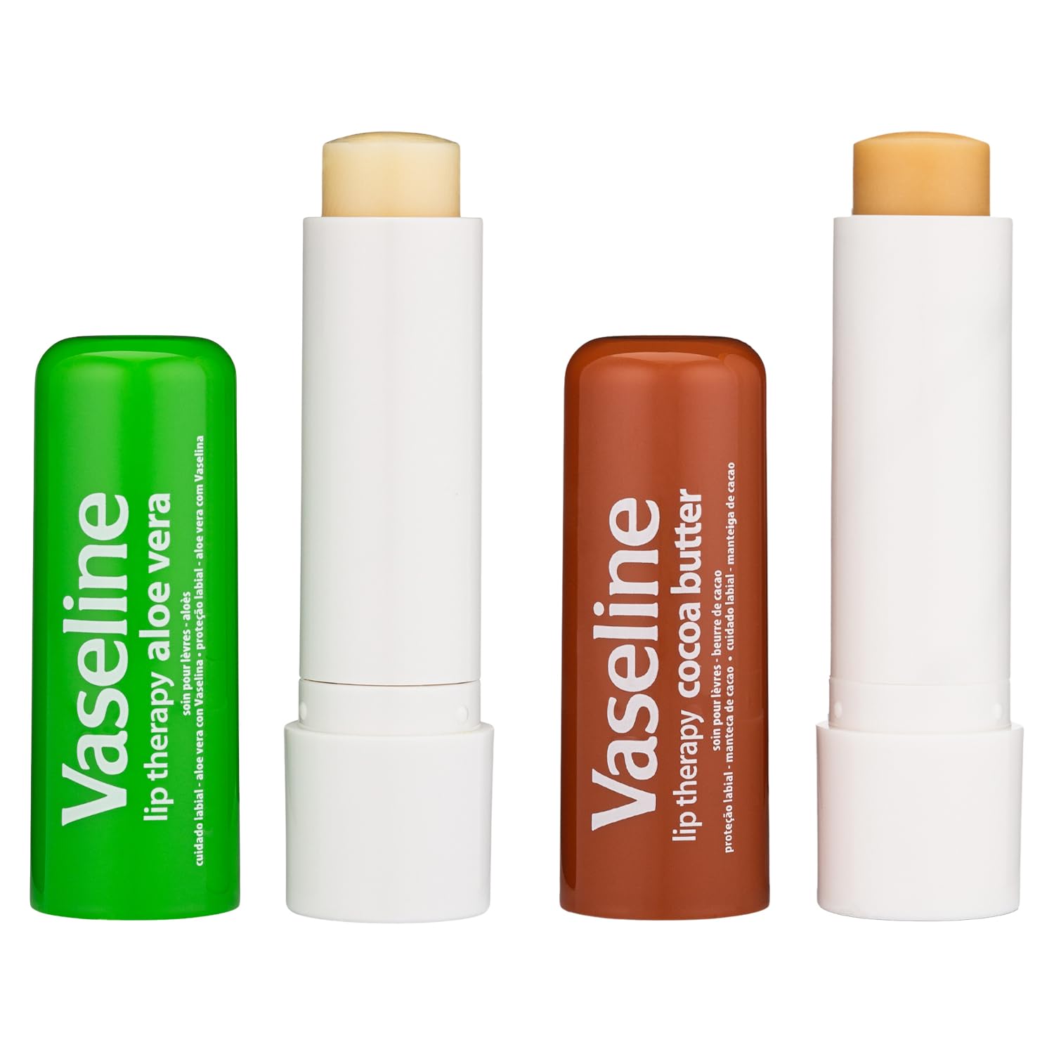 Vaseline Lip Therapy Variety 4-Pack โ Cocoa Butter + Aloe Vera Moisturizing Lip Balm with Vitamin E, 0.16 Oz Ea