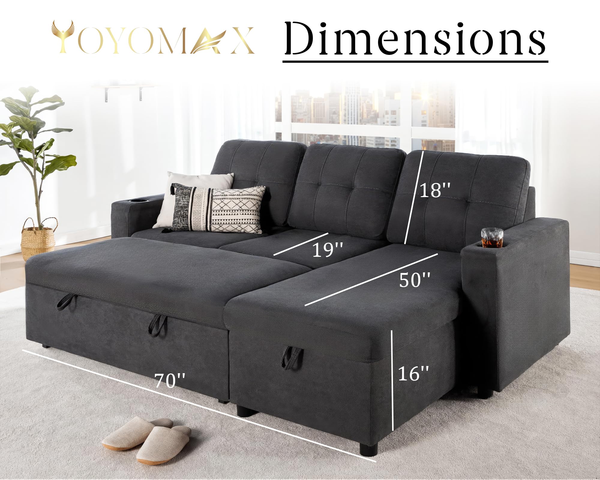 yoyomax L Shaped Sofa-82'' Sectional Sofa Chaises & Cup Holders Pull Out Bed & Storage Space for Living Room, Apartment and Office, Dark Grey(Right)