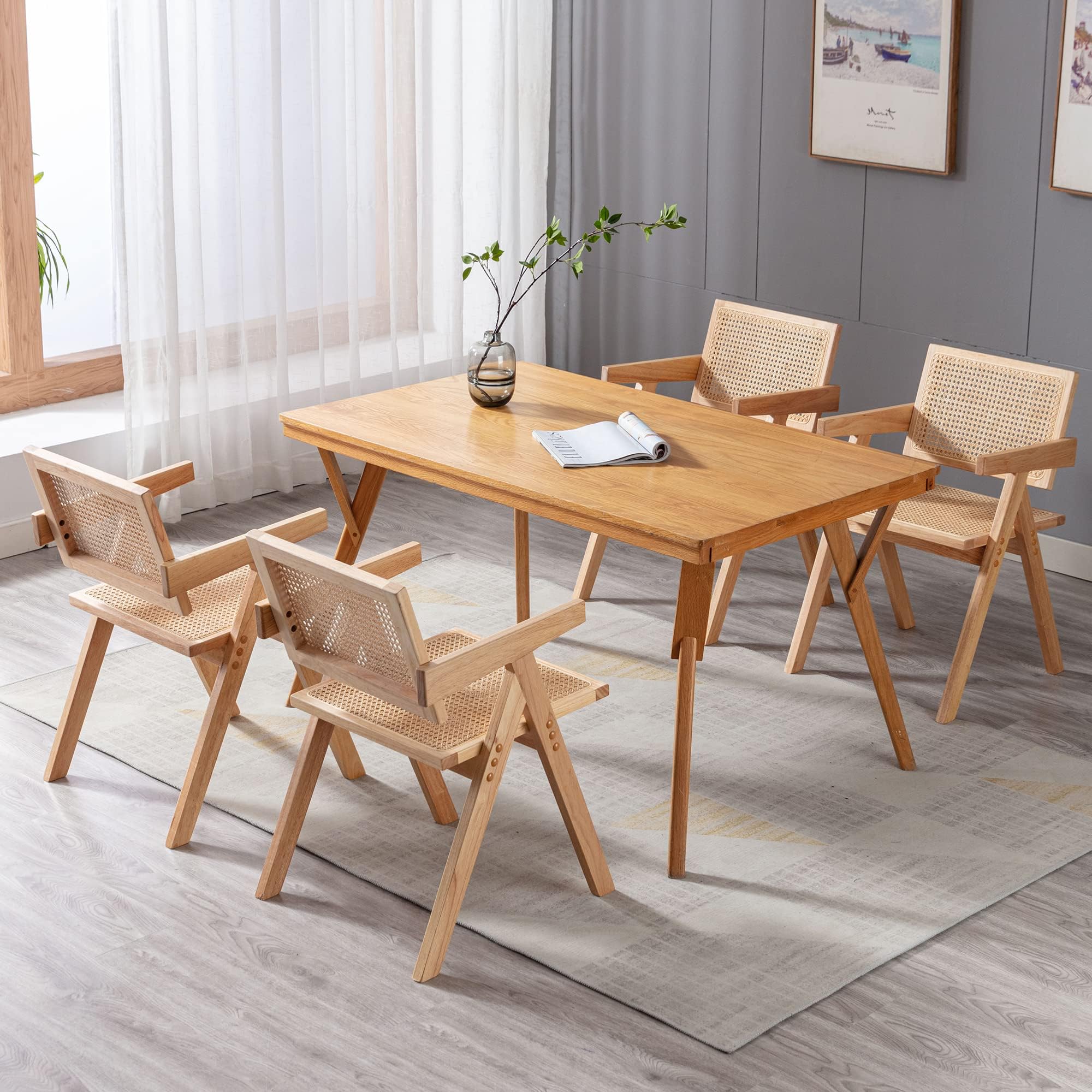 Westice Rattan Dining Chairs Set of 6, Wooden Kitchen Chairs with Faux Cane Seat & Backrest, Solid Wood Legs, Comfy Farmhouse Retro Side Chair for Indoor Dining Room, Natural