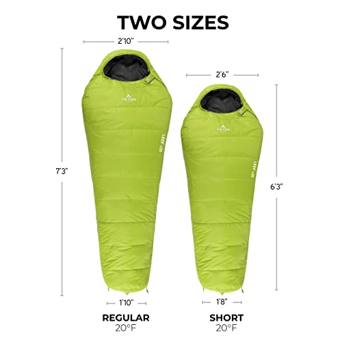 TETON Sports Leef Mummy Sleeping Bag - Lightweight Sleeping Bag for Backpacking, Camping, and Hiking - Cold-Weather Sleeping Bag - Camping Accessory with Drawstring Compression Sack - Long 20℉, Green