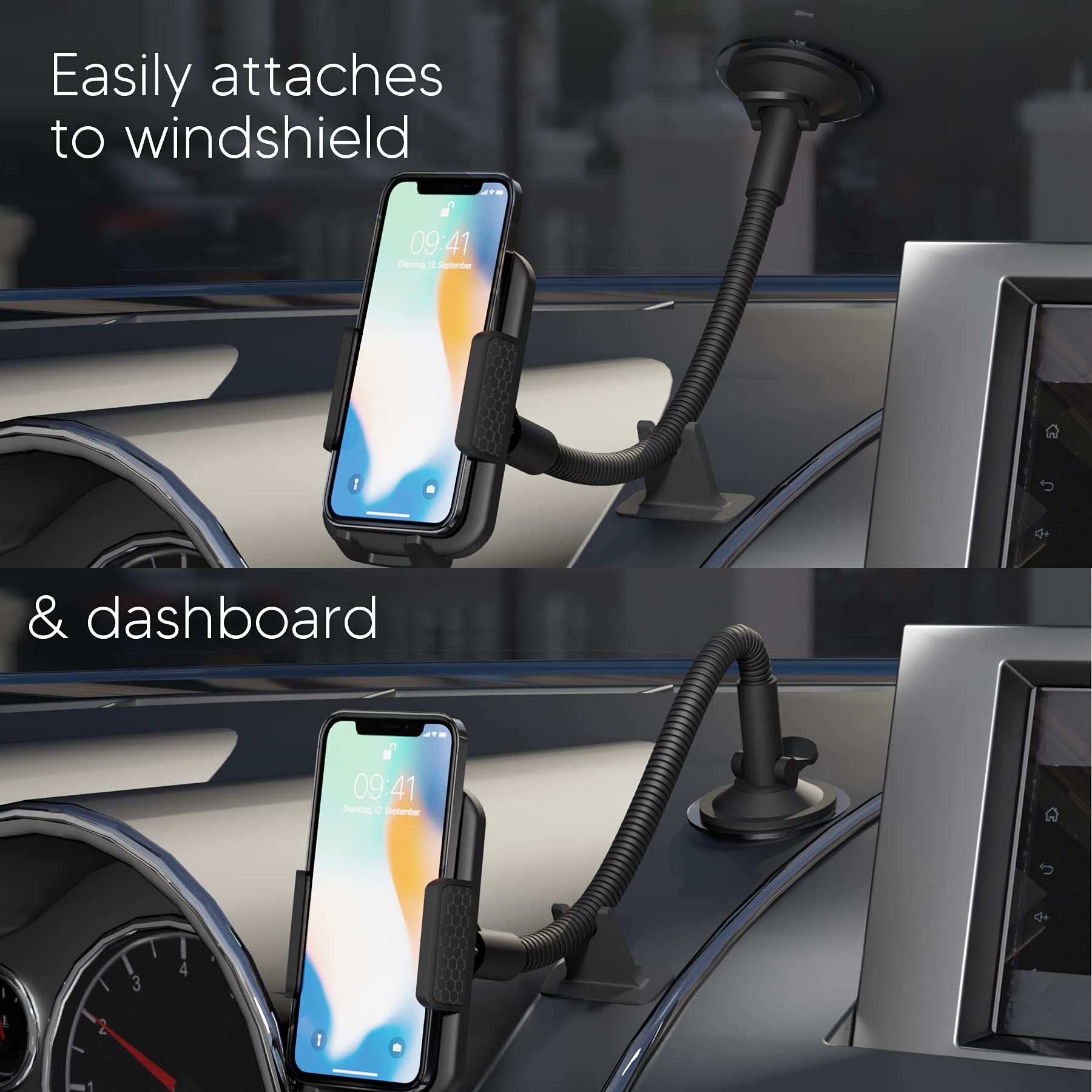 TALK WORKS Car Windshield Dashboard Phone Mount Compatible w/iPhone 15/15 Pro/15 Pro Max, 14/14 Plus/14 Pro/14 Pro Max, 13/Mini/Pro/Pro Max, Android Smartphones-Flexible Gooseneck Suction Cup (Black)