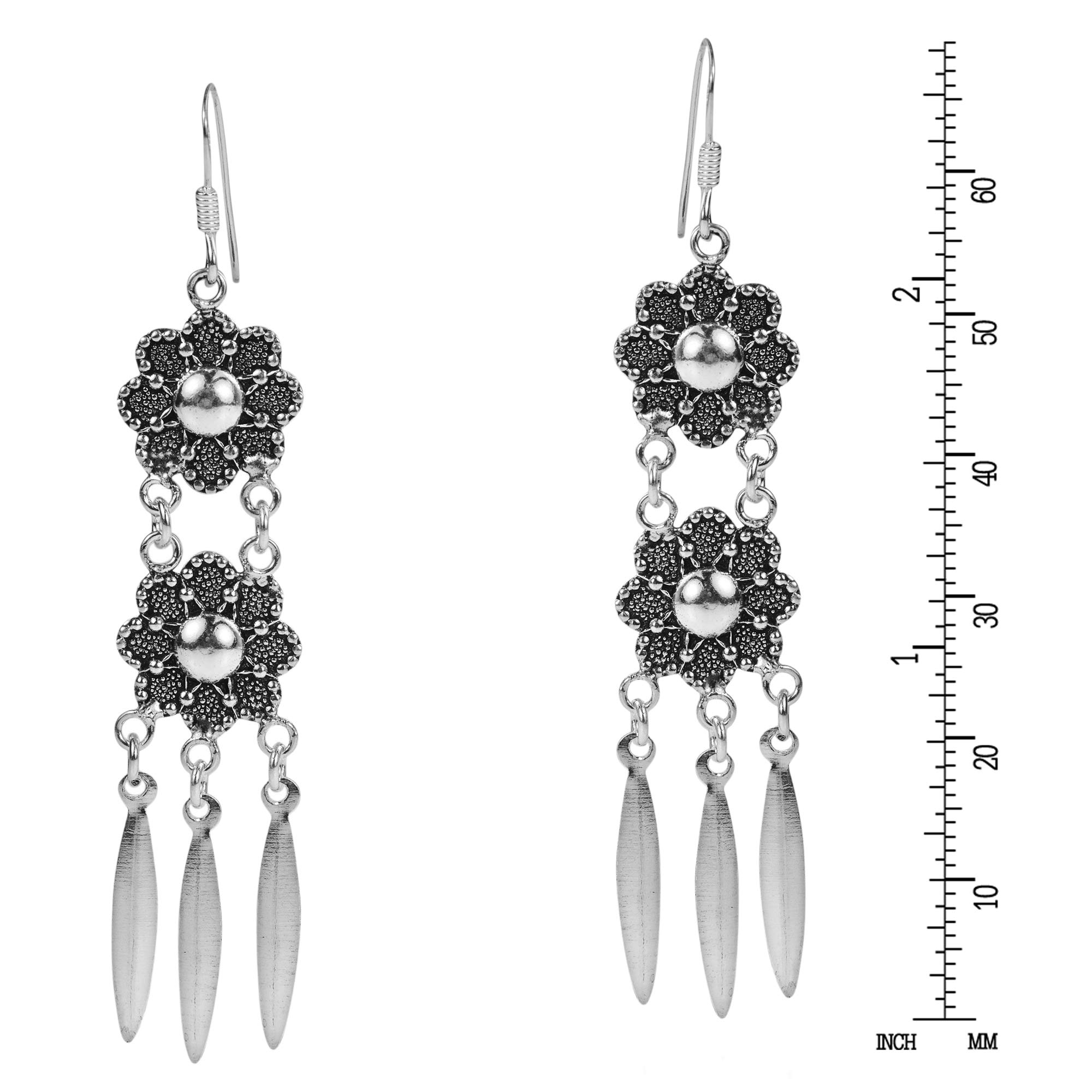 Tribal Inspired Flower .925 Sterling Silver Dangle Earrings