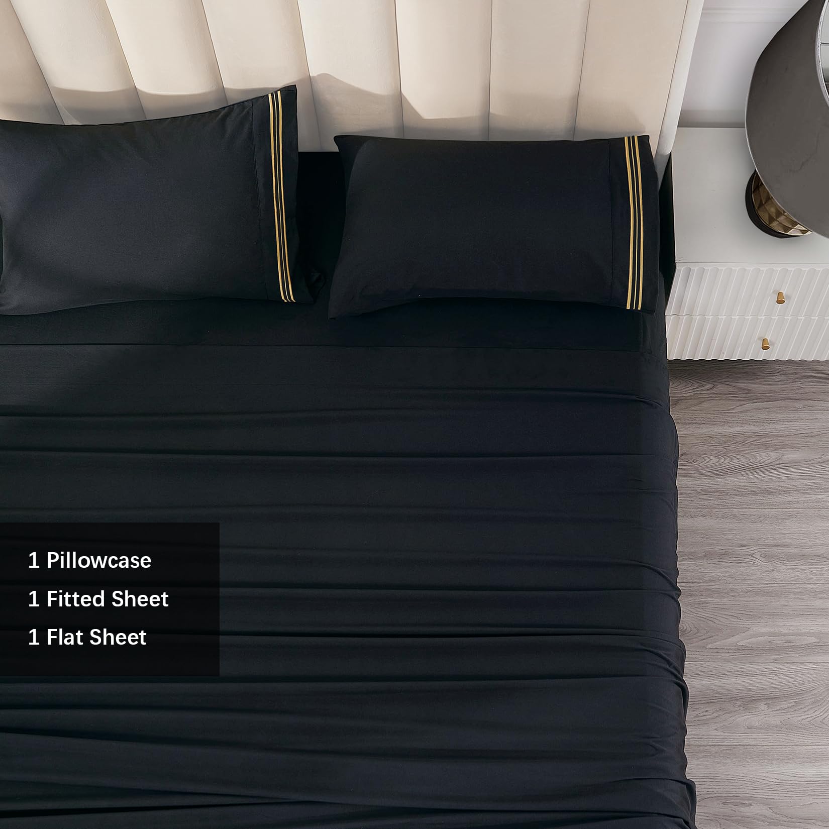 WODFAMY Microfiber Full Size Bed Sheet Set Extra Soft Deep Pockets Luxury Hotel Bed Sheets Breathable & Cooling Wrinkle Free 4 Piece Set Fulls Sheets Black&Gold