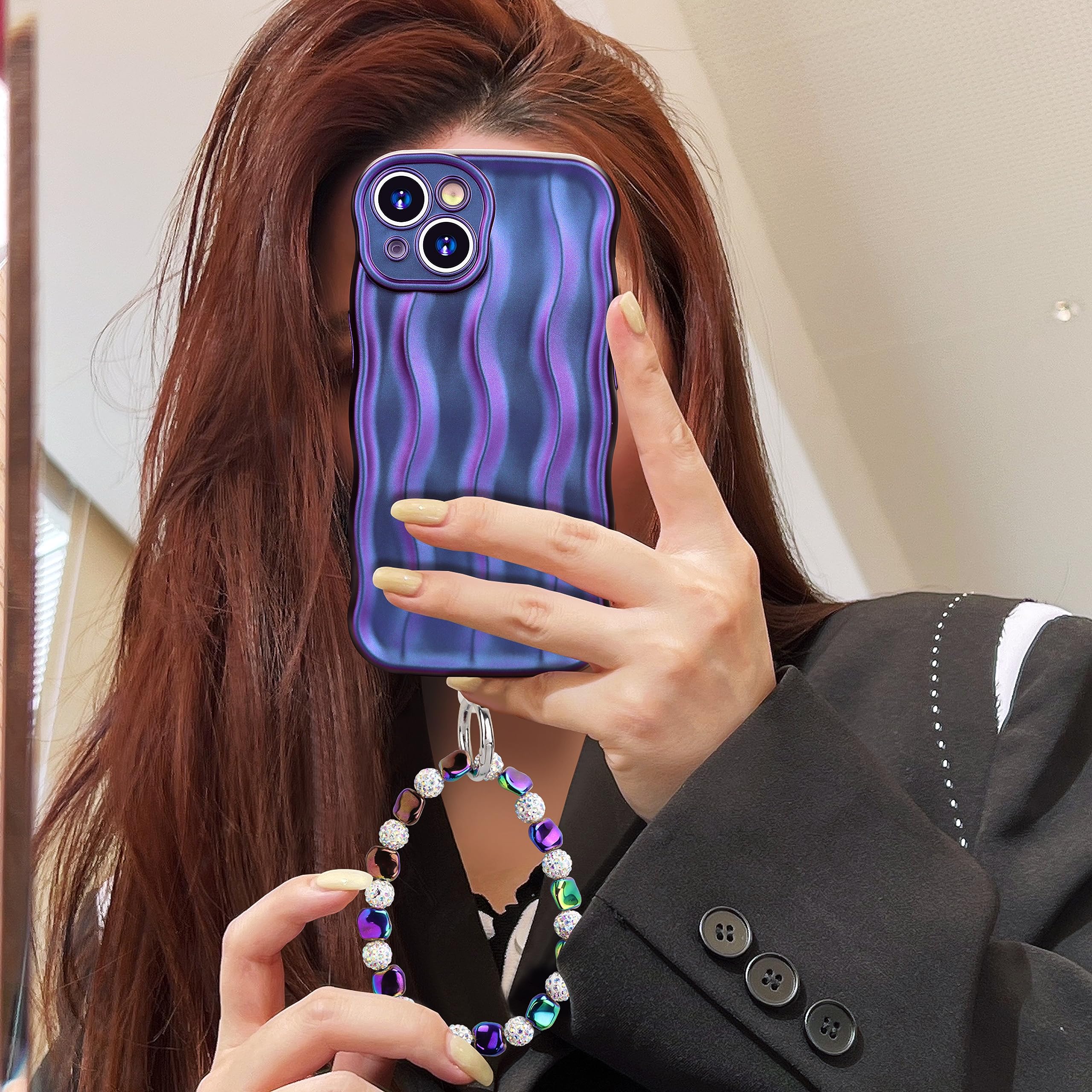 Ucharmbead Compatible with iPhone 14 Pro Phone Case with Phone Wrist Strap Cell Phone Chain Beaded Charms Lanyard Water Ripple Design Soft Cover for Women Purple
