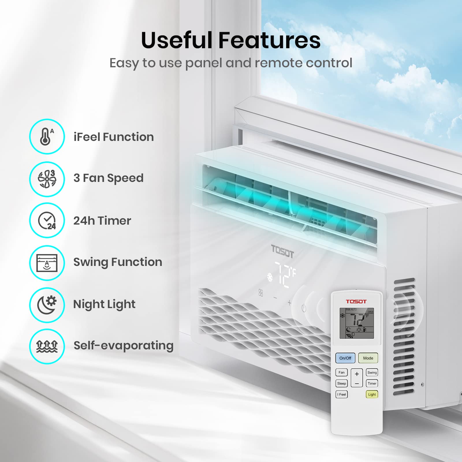 TOSOT 8,000 Air Conditioner Cools up to 350 sq. ft. Quiet, LED, Smart Remote Control, Energy Efficient Window AC, 8000 BTU, White
