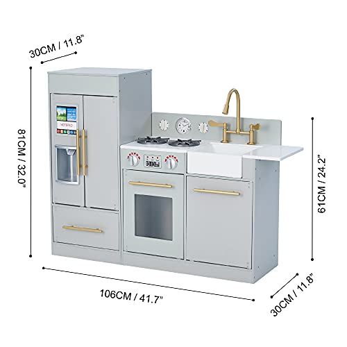 Teamson Kids Little Chef Charlotte Modern Modular Interactive Wooden Play Kitchen with Refrigerator, Stove and Sink in Gray with Gold Accents