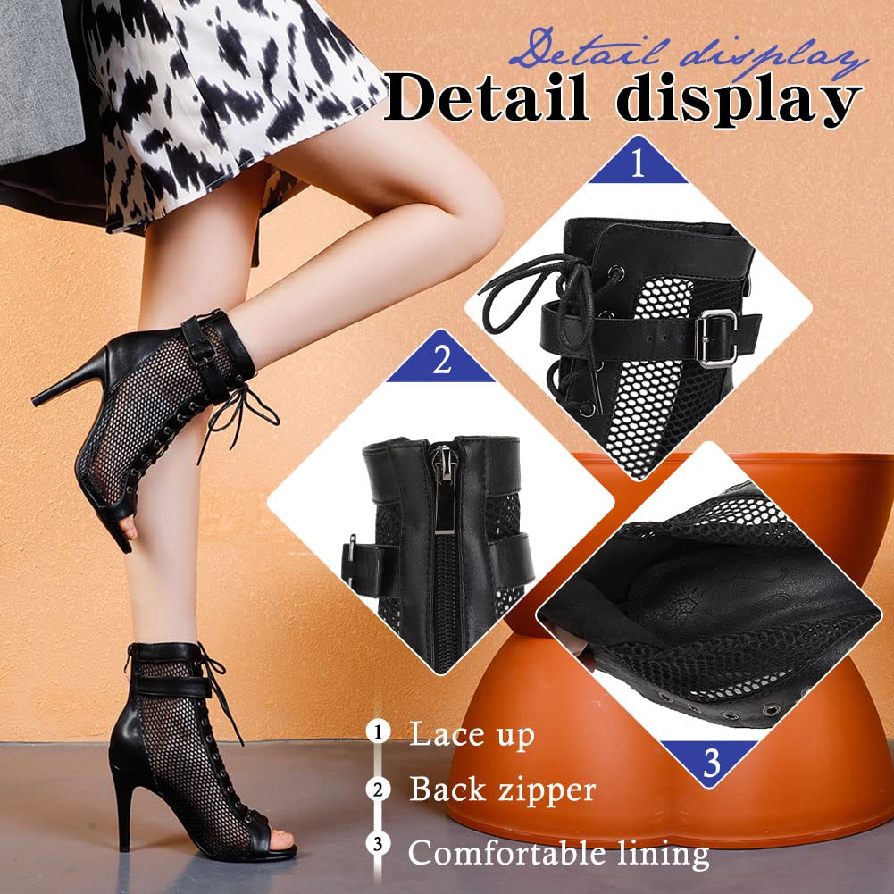 VCIXXVCE Women's Dance Heel Booties High Heels Black Peep Toe Ballroom Heels 4 Inch Dance Shoes Latin Salsa Zipper Dancing Shoes, 8 US