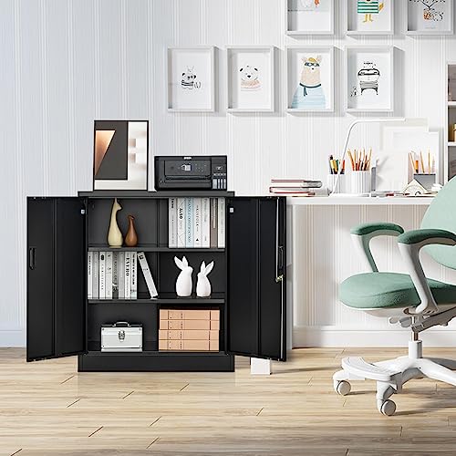 TaskStorz Metal Garage Storage Cabinets,Metal File Cabinet with 2 Adjustable Shelves, Lockable Storage Cabinets for Office, Home, Garage, Warehouse 36" H x 31.5" W x 15.7" D (Black)