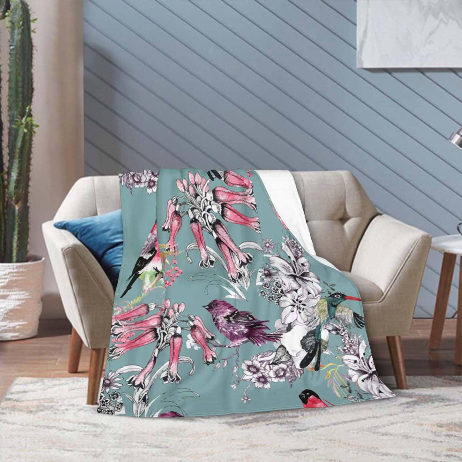 Throw Blanket 30x40 Inch,Birds Branch Flowers Blue Flannel Soft Cozy Fluffy Throw Blankets and Warm Throws for Adults in Couch Sofa Bed 40x30 Inch