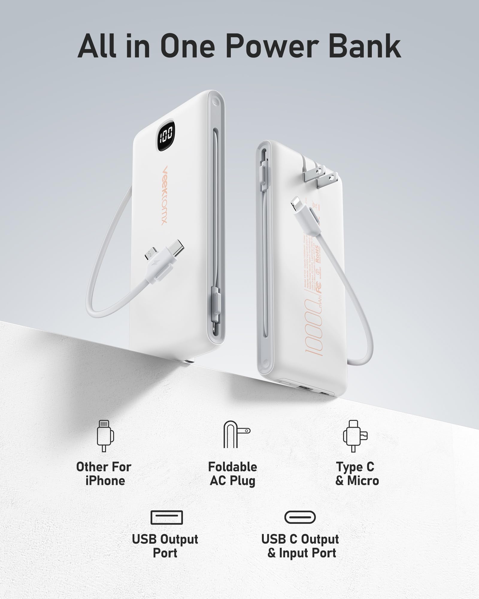 VEEKTOMX Power Bank with Built in Cables 22.5W 10000mAh, Portable Charger for iPhone with AC Wall Plug, Fast Charging USB C Slim iPhone Charger with LED Display Compatible with iPhone15/14/13, Samsung