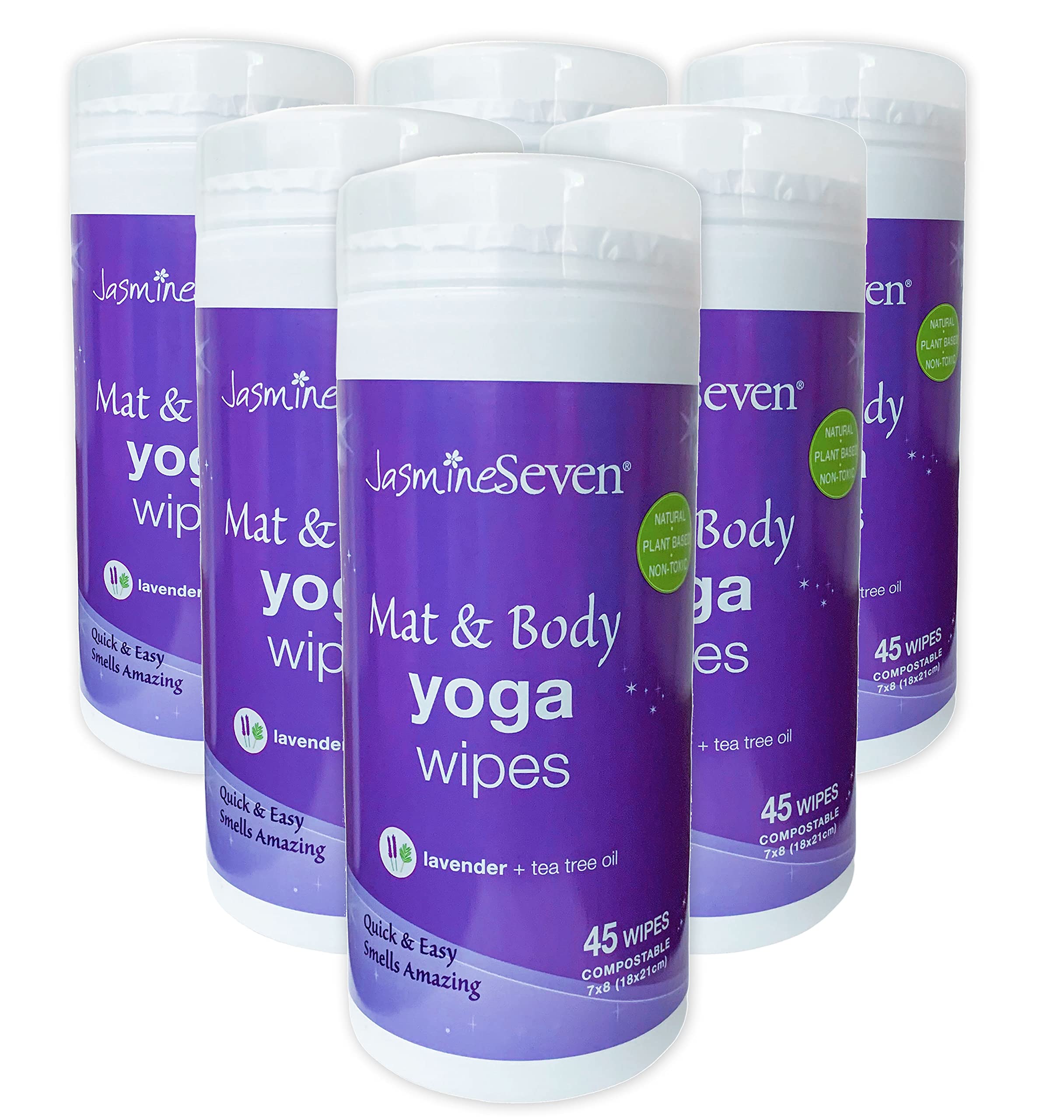 Yoga Wipes for Mat and Body - Bulk CASE of 6 - Natural Lavender and Tea Tree - by Jasmine Seven - for Studio, Gym, Spa, Fitness