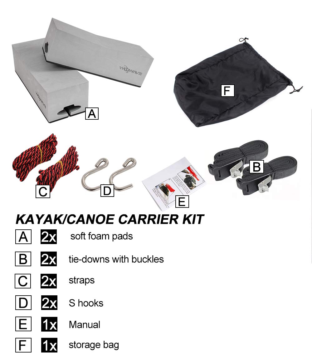 WOOWAVE Kayak Carrier Deluxe Carrier Kit Universal Soft Standard Foam Block for Roof Racks Car-Top Replacement with Tie-Downs, 12 inches