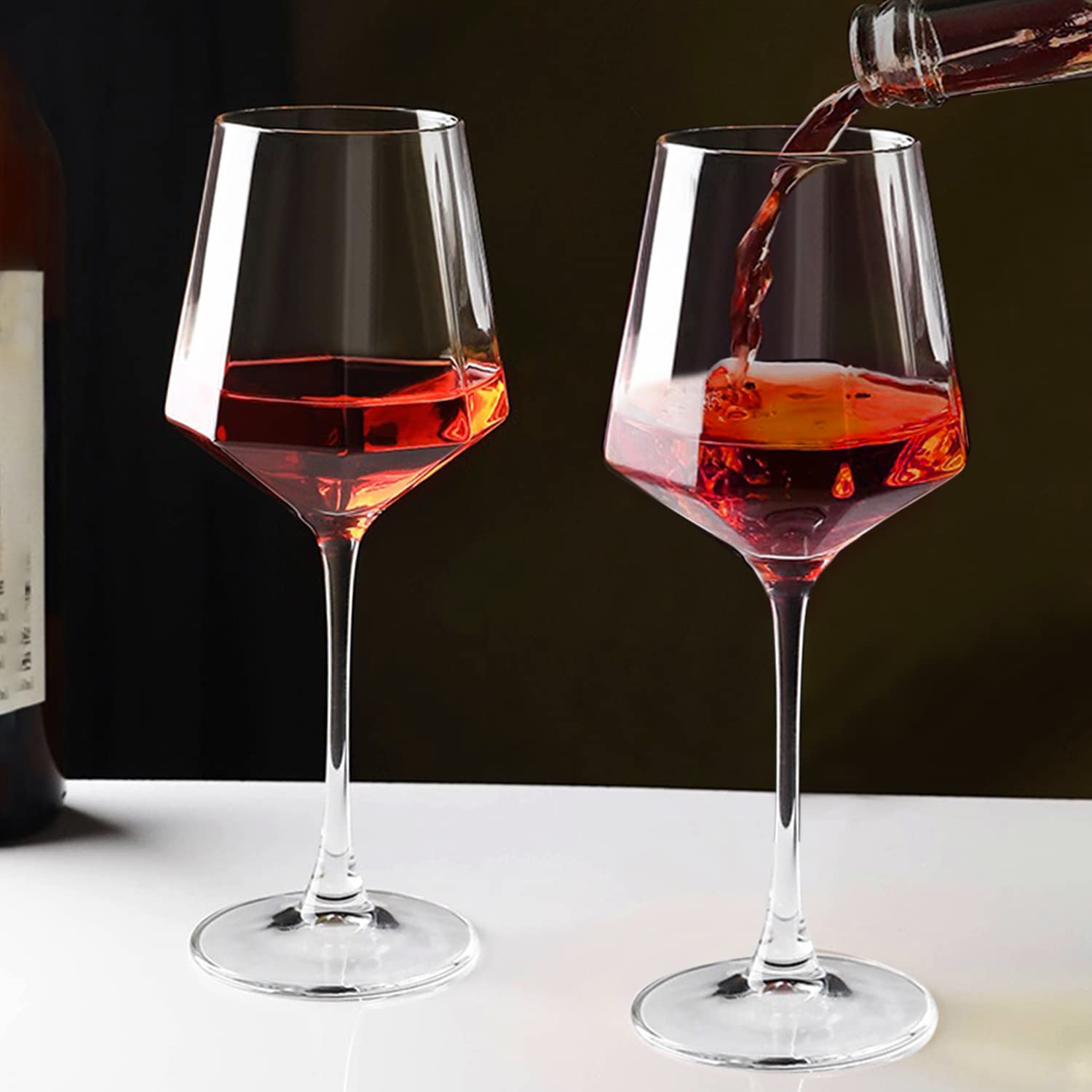 Ufrount Wine Glasses Set of 10,Clear Hexagon Shaped Wine Glass 15 Ounce,Red Wine Long Stem Glassware,Diamond Shaped Old Fashioned Stemware for Beverage,Home Bar
