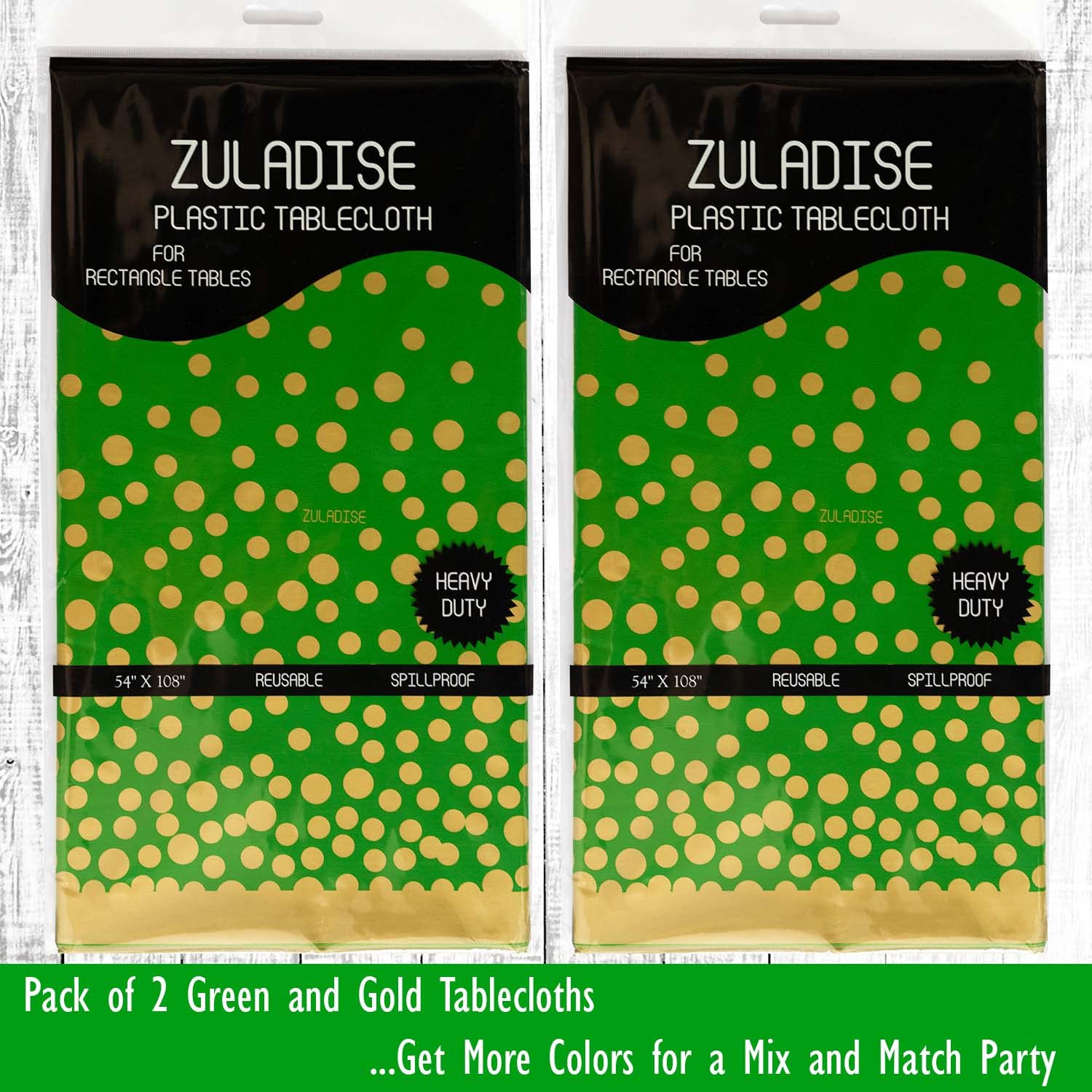 ZULADISE 2 Pack Green Plastic Tablecloth Green and Gold Table Cloths for Parties Disposable Table Cover Party Decorations for Birthday, Christmas (Premium Quality - 54 x 108 in.)