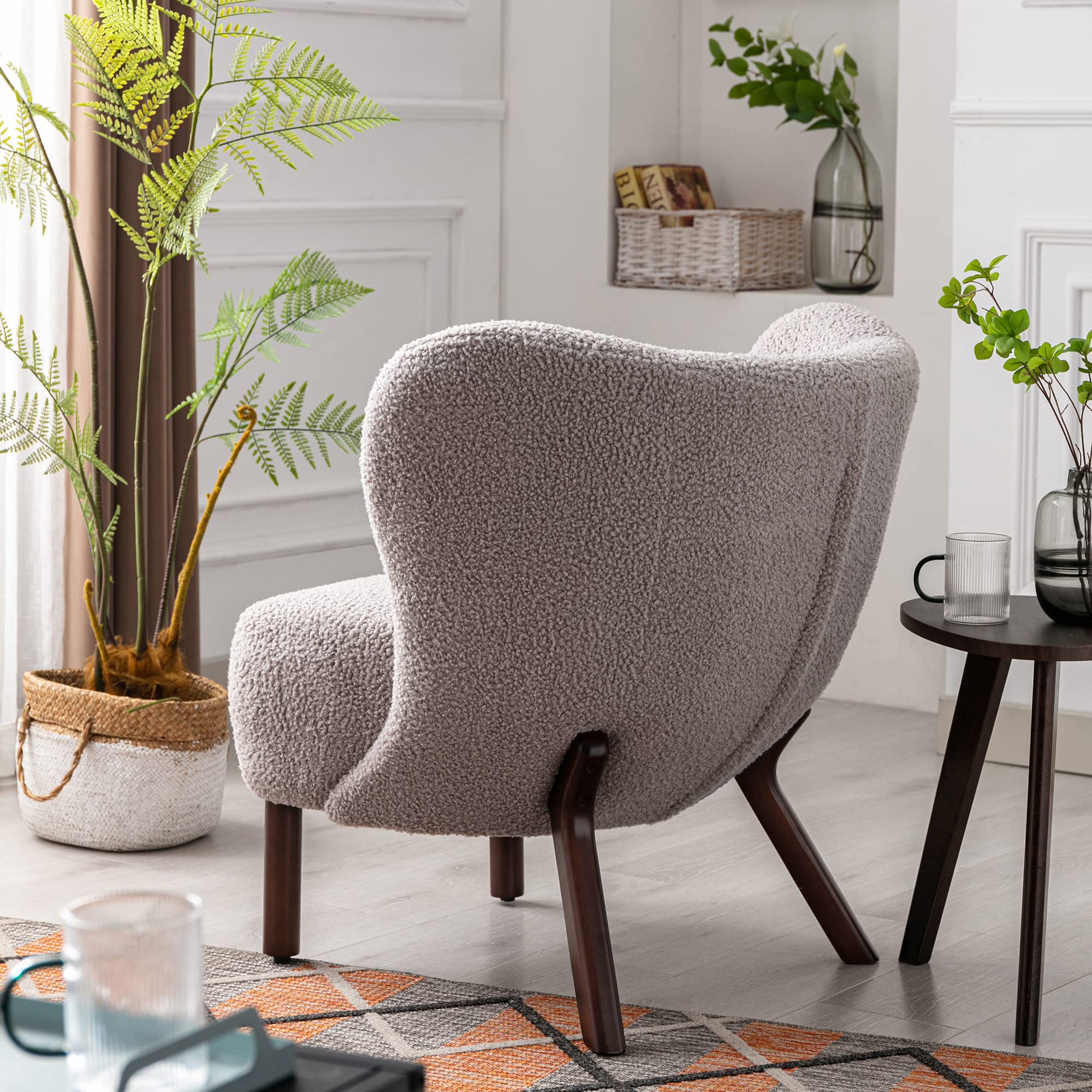 ViolaDresses Modern Accent Chair Lambskin Sherpa Wingback Tufted Side Chair with Solid Wood Legs for Living Room Bedroom,Warm Grey