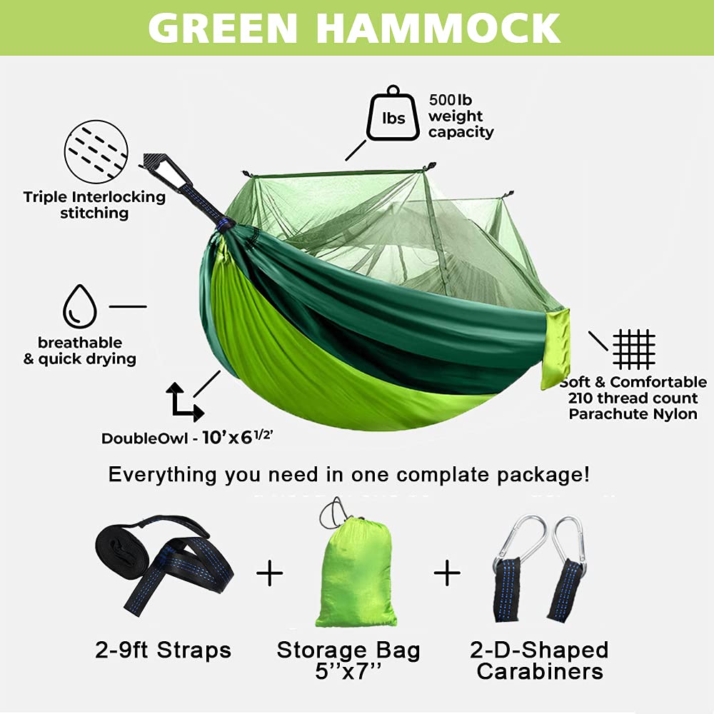 TAVOLOZZA Camping Hammock with Mosquito/Bug Net, 10ft Hammock Tree Straps and Carabiners, Easy Assembly, Portable Parachute Nylon Hammock for Camping, Backpacking, Survival, Travel, Indoor & More