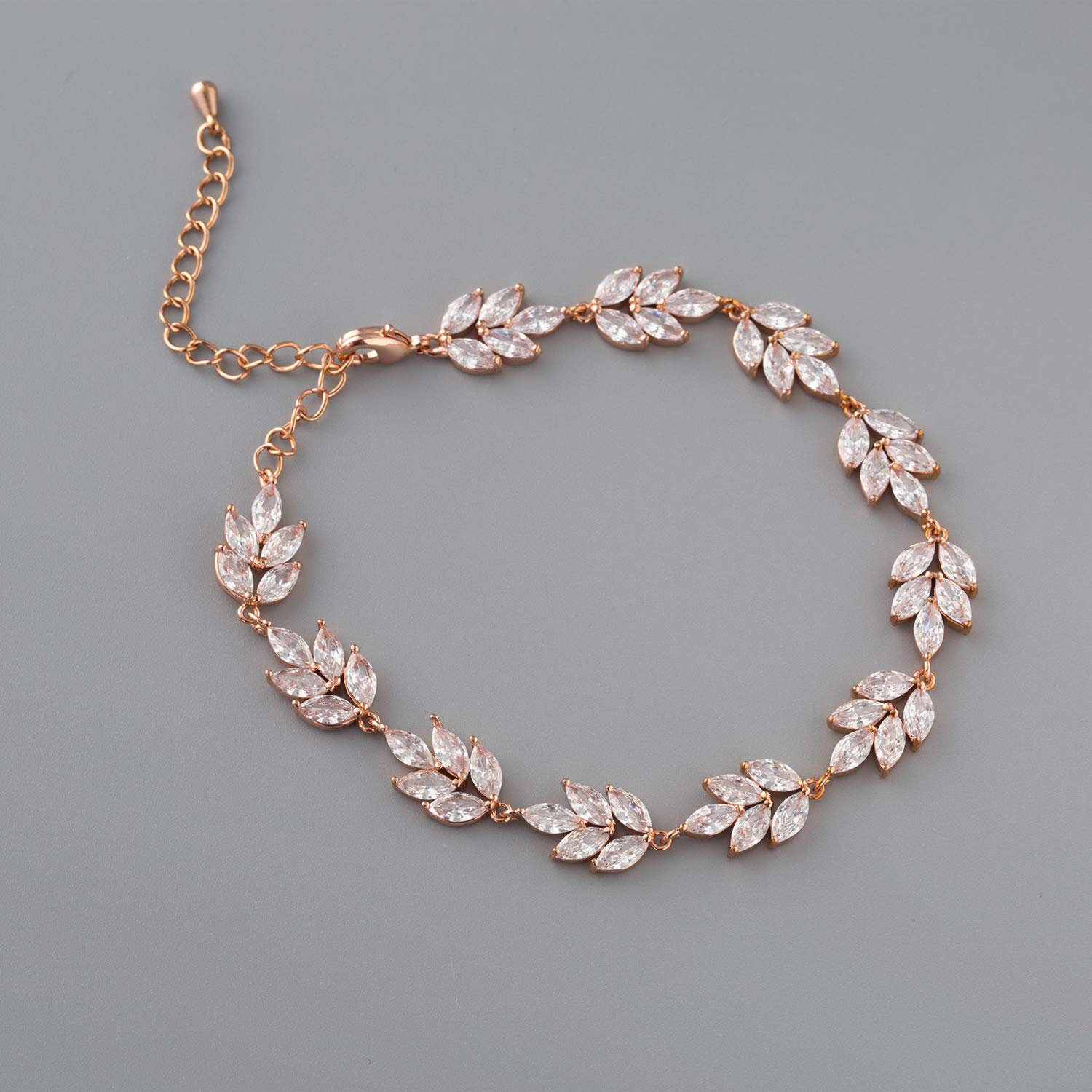 SWEETV Rose Gold Bracelet Wedding Bridal for Brides,Bridesmaid-Crystal Cubic Zirconia Bracelet Leaf Vine Vintage Style