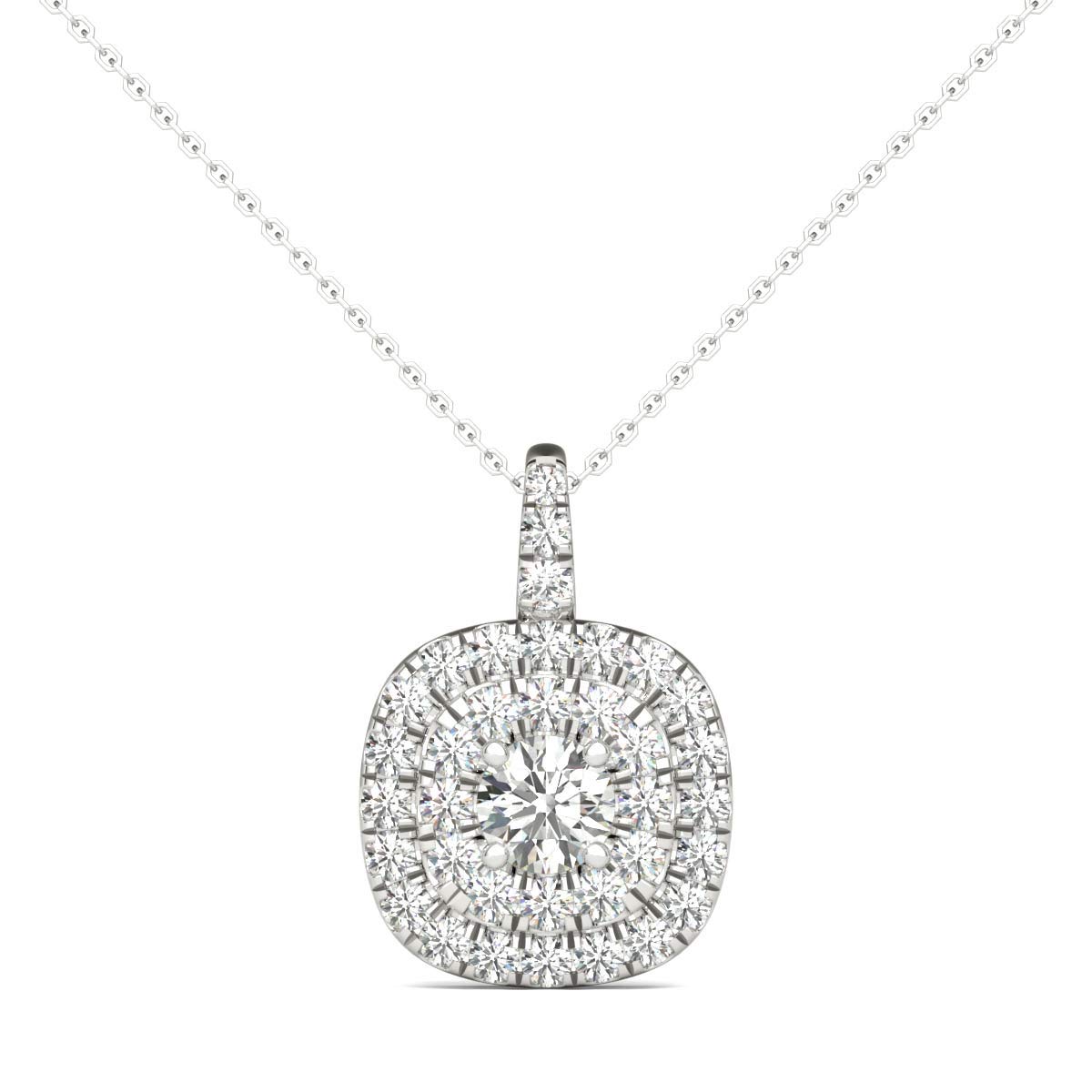 VAARYA 1.00 Ct. tw. EF/SI2-I1 AGS Certified 14K White Gold Natural Diamonds Double Halo Pendant Necklace