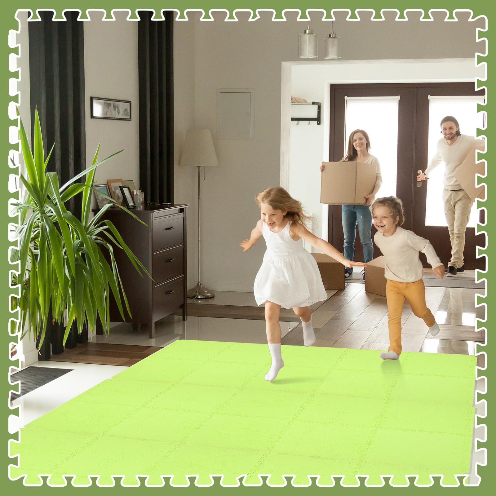 Tinideya Fluffy Plush Puzzle Foam Floor Mat Bulk 30 Pcs Square Interlocking Foam Play Mat Tiles with Borders Eva Foam Puzzle Mat for Baby Toddlers Children Crawling Exercise Playroom (Light Green)