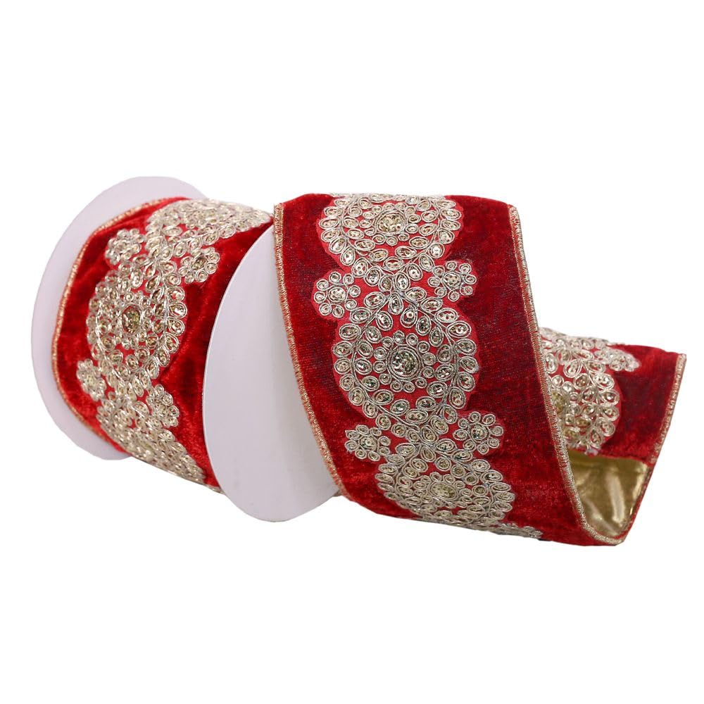 Vickerman 4" x 5 Yards Wine Velvet Ribbon with Light Gold Sequin Embroidery Wired Edge Christmas Ribbon.