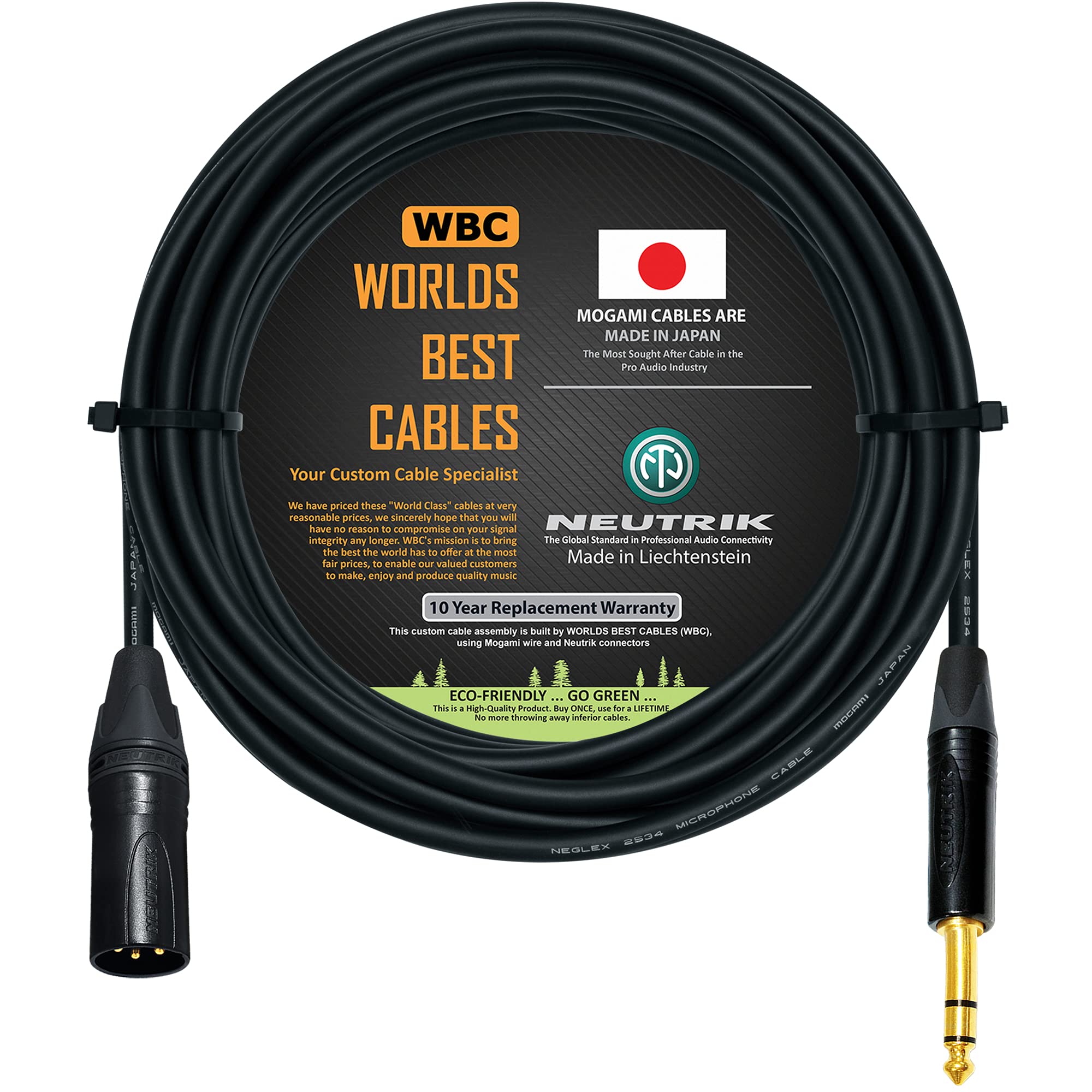 WORLDS BEST CABLES 20 Foot - Quad Balanced Patch Cable CUSTOM MADE using Mogami 2534 wire and Neutrik NC3MXX-B Male XLR & NP3X-B TRS Stereo Phone Plug.