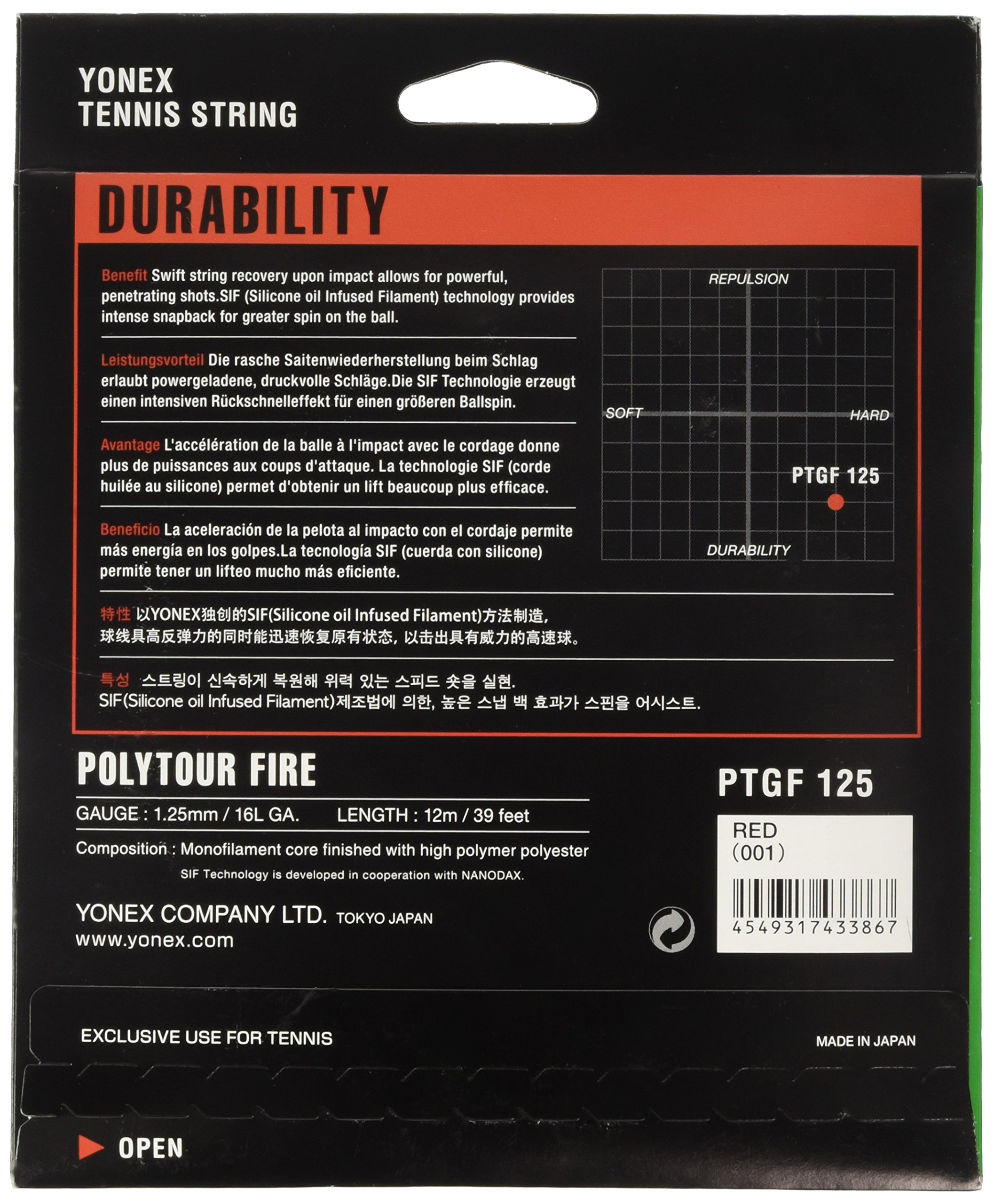 Yonex Poly Tour Fire 16L 125 Tennis Racquet String Red