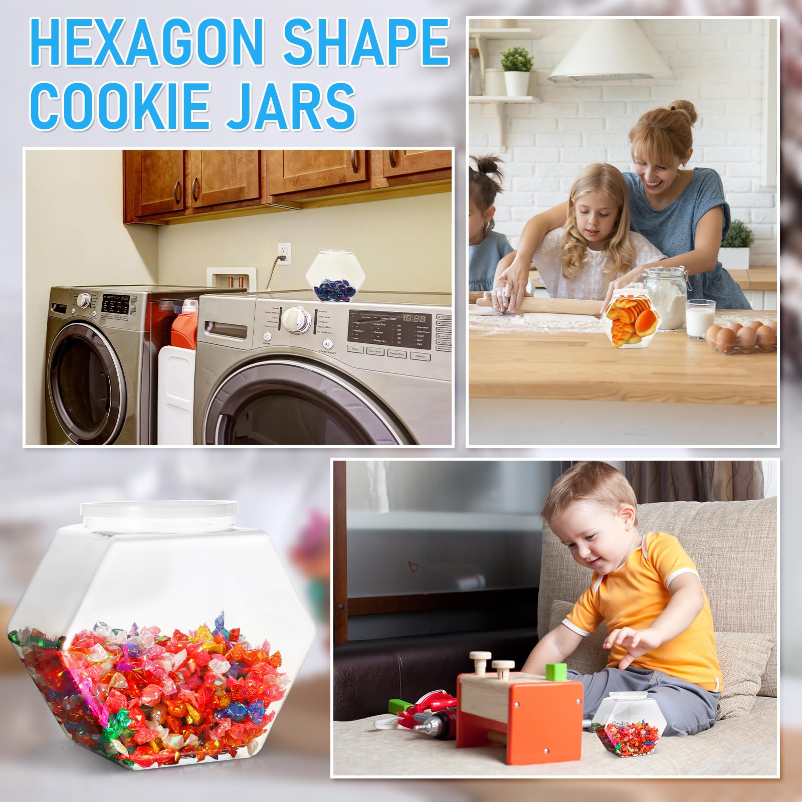 Uiifan 1 Piece Hexagonal Plastic Candy Jar with Lid Cookie Jar Clear Hexagonal Candy Containers for Snacks, Cookies, Dog Food, Craft and Sewing Supplies, Coffee Pod, Laundry Pod (29 oz)