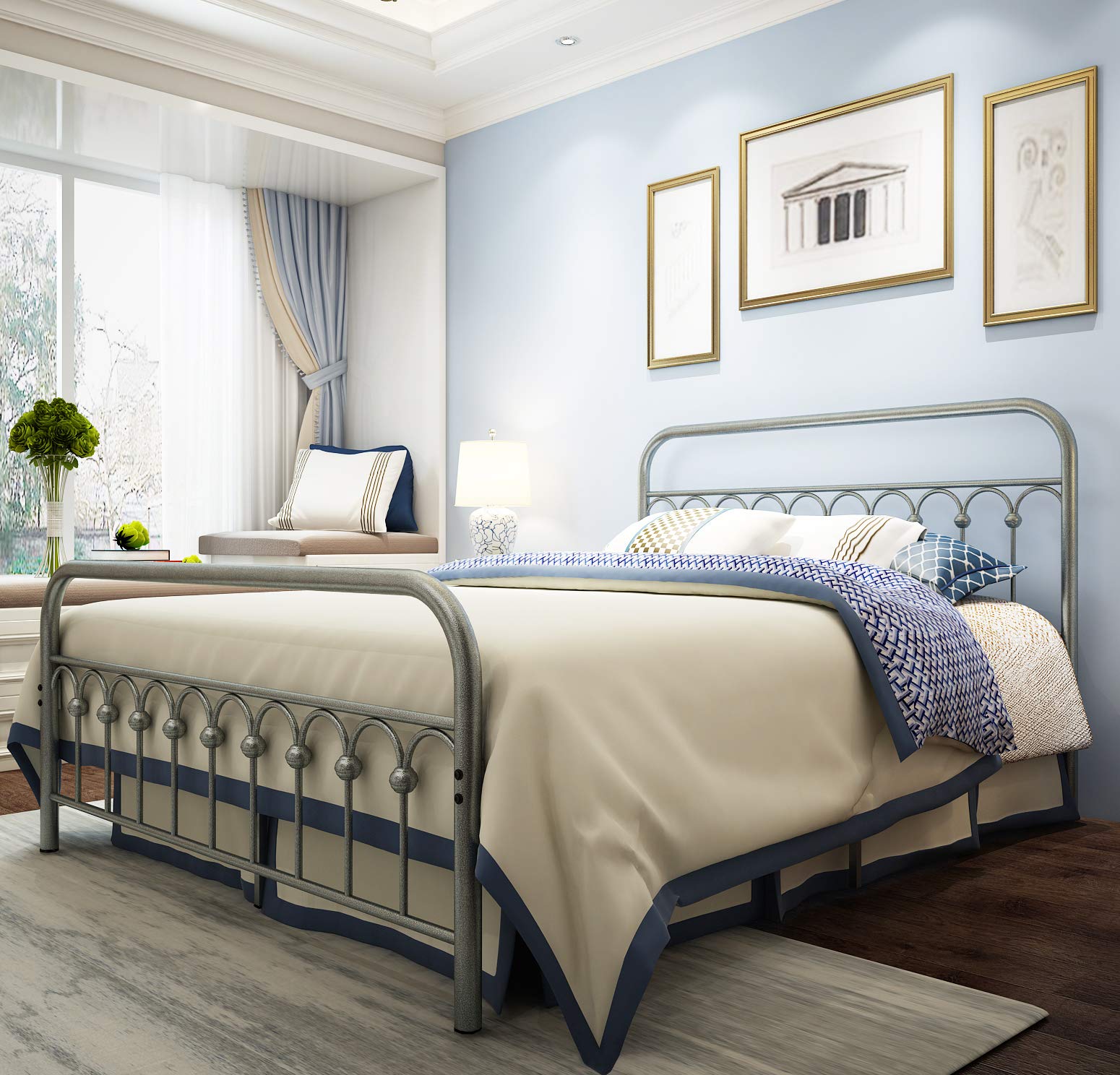 TUSEER Metal Bed Frame Queen Size with Vintage Headboard and Footboard Platform Base Wrought Iron Bed Frame Gray Silver (Queen, Gray Silver).
