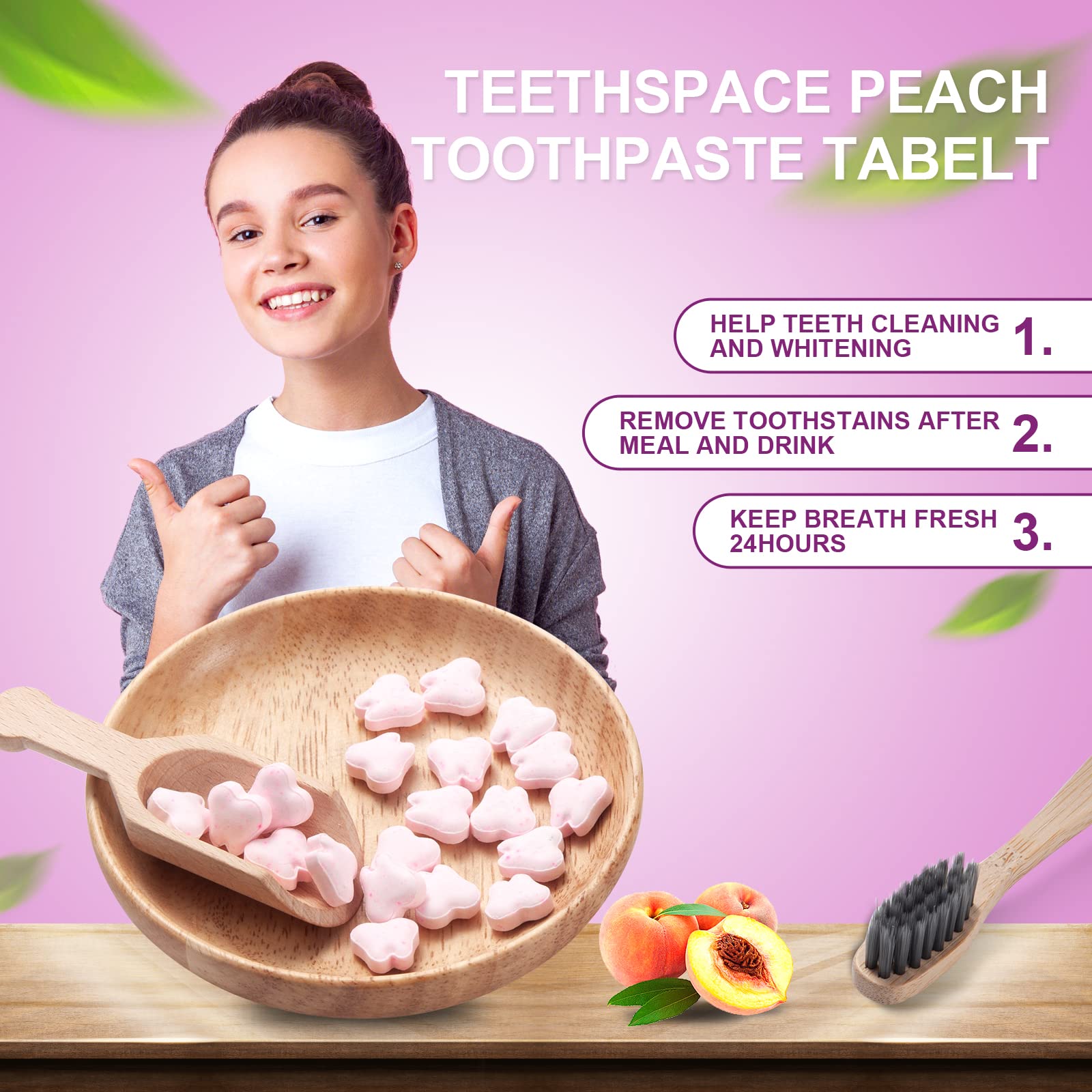 TeethSPACE Peach Mint Toothpaste Tablets, 65 Mega Size Chewable Tabs, Natural and Eco-Friendly, Flouride Free, Teeth Cleaning and Whitening Solution, Travel Mouthwash Tablets, Natural Ingredient